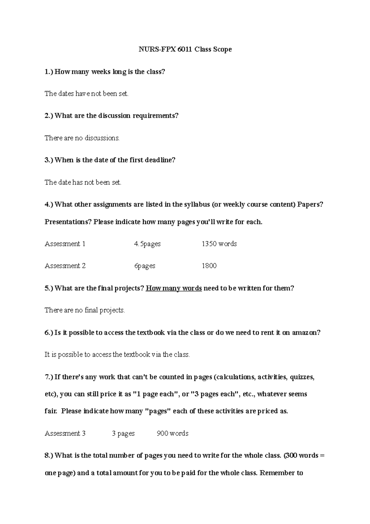 NURS354-740-202360 Class Scope - NURS-FPX 6011 Class Scope 1.) How many ...