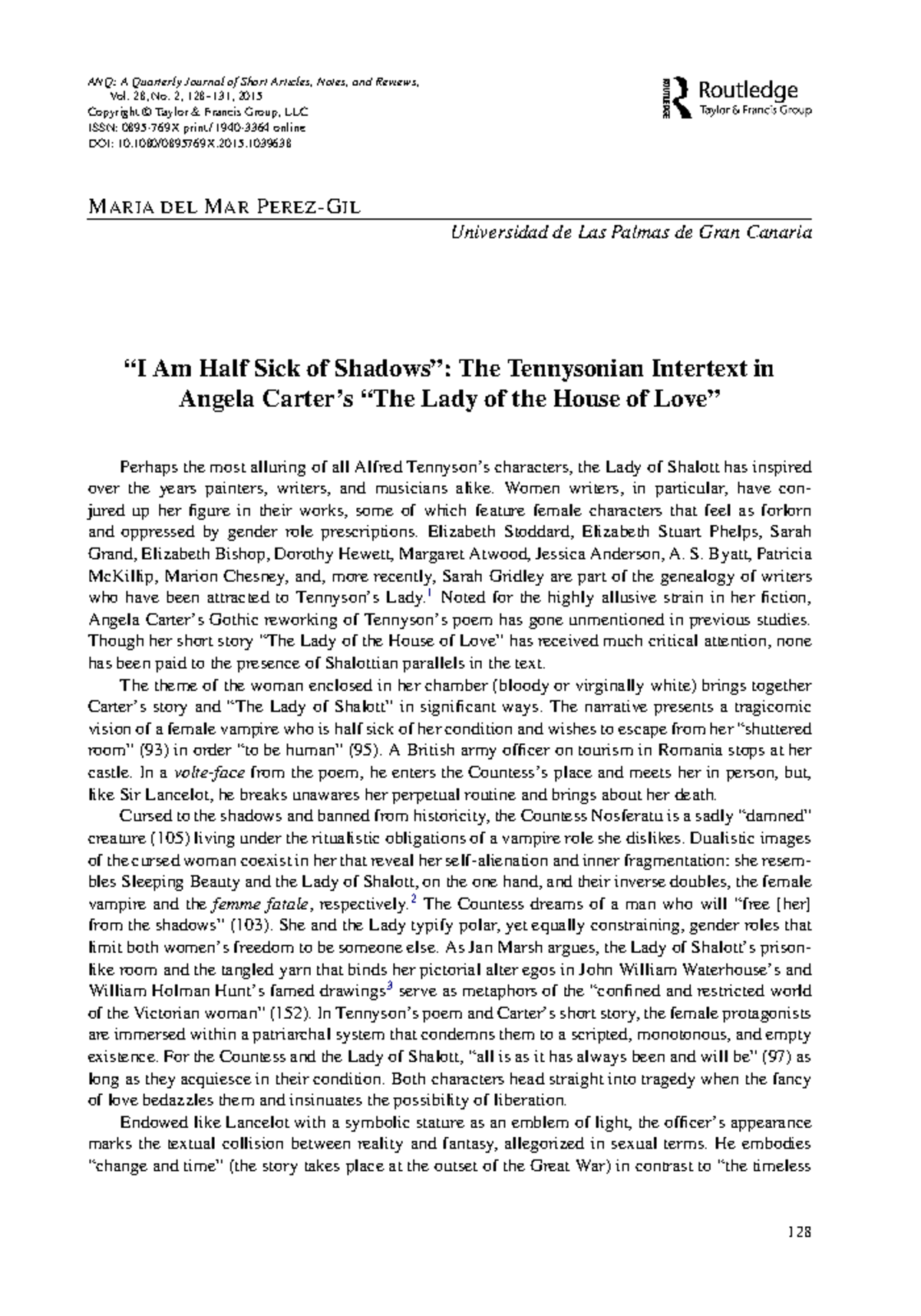 “I Am Half Sick of Shadows” - ANQ: A Quarterly Journal of Short ...