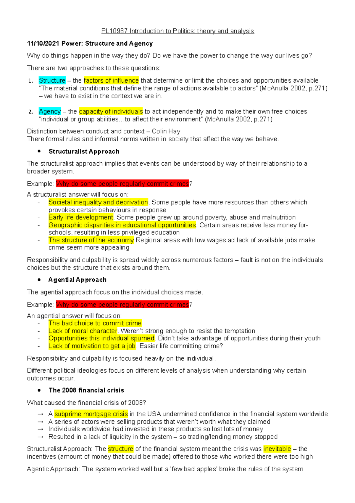 Lecture 3: Power, Structure and Agency - PL10967 Introduction to ...