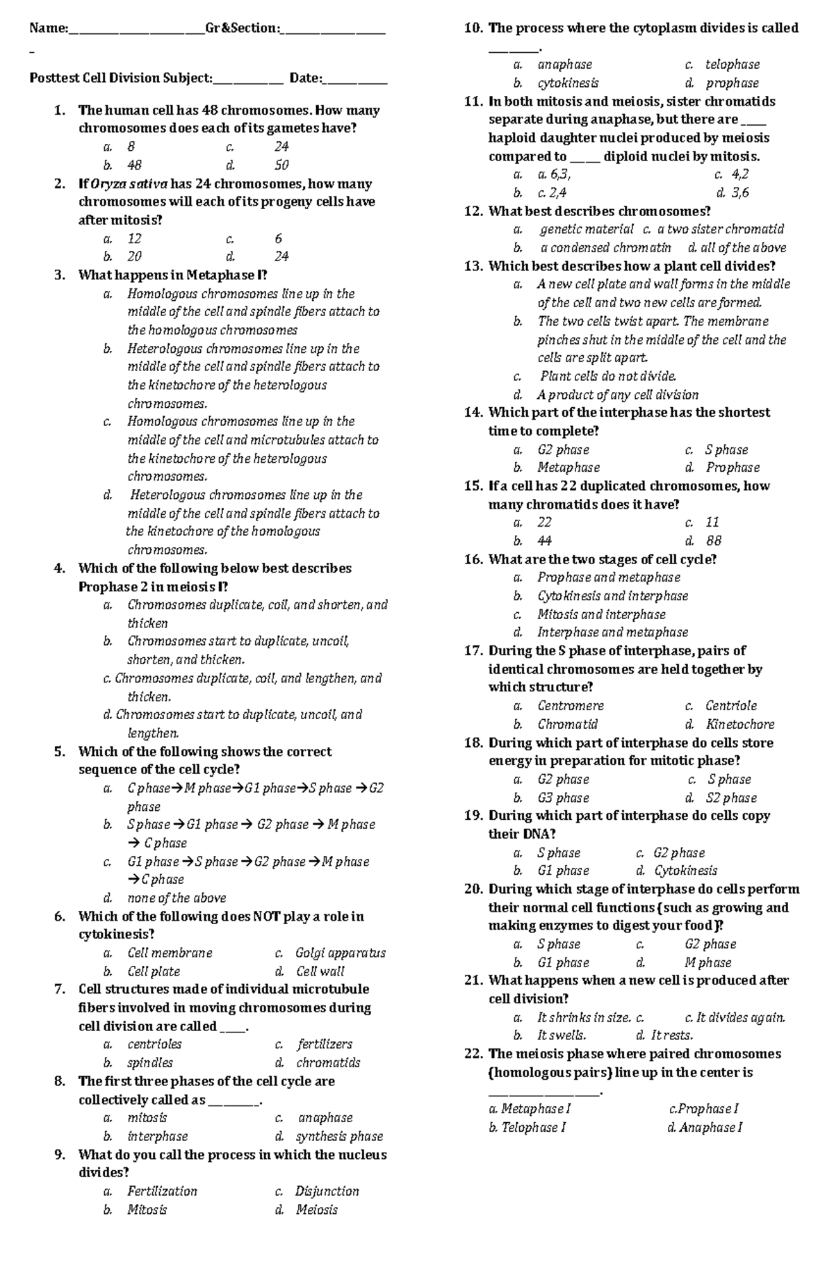 Cell Cycle Post-Test - Name:______Gr&Section: _ Posttest Cell Division ...