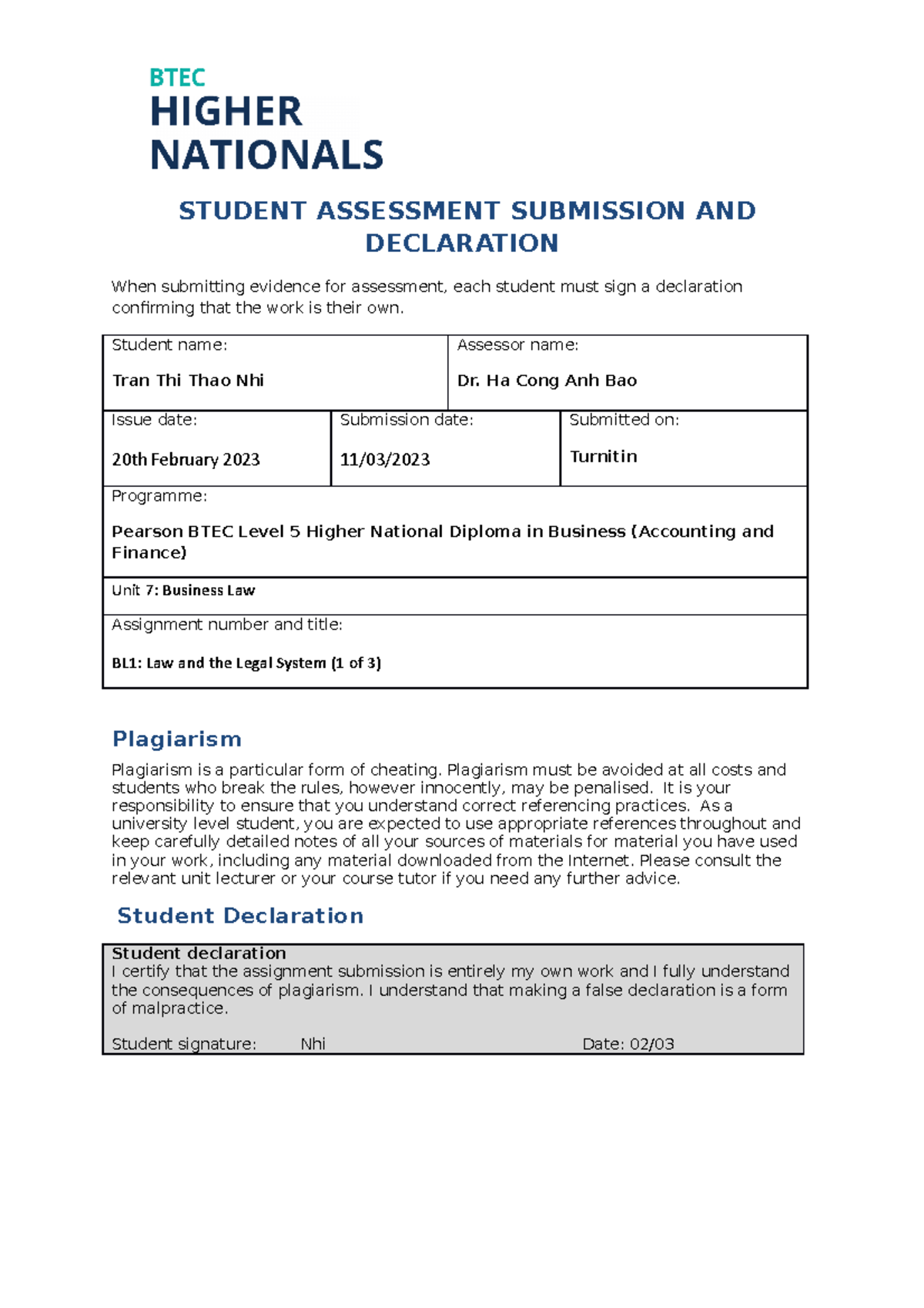 Student Assessment Submission and Declaration - STUDENT ASSESSMENT SUBMISSION AND DECLARATION ...