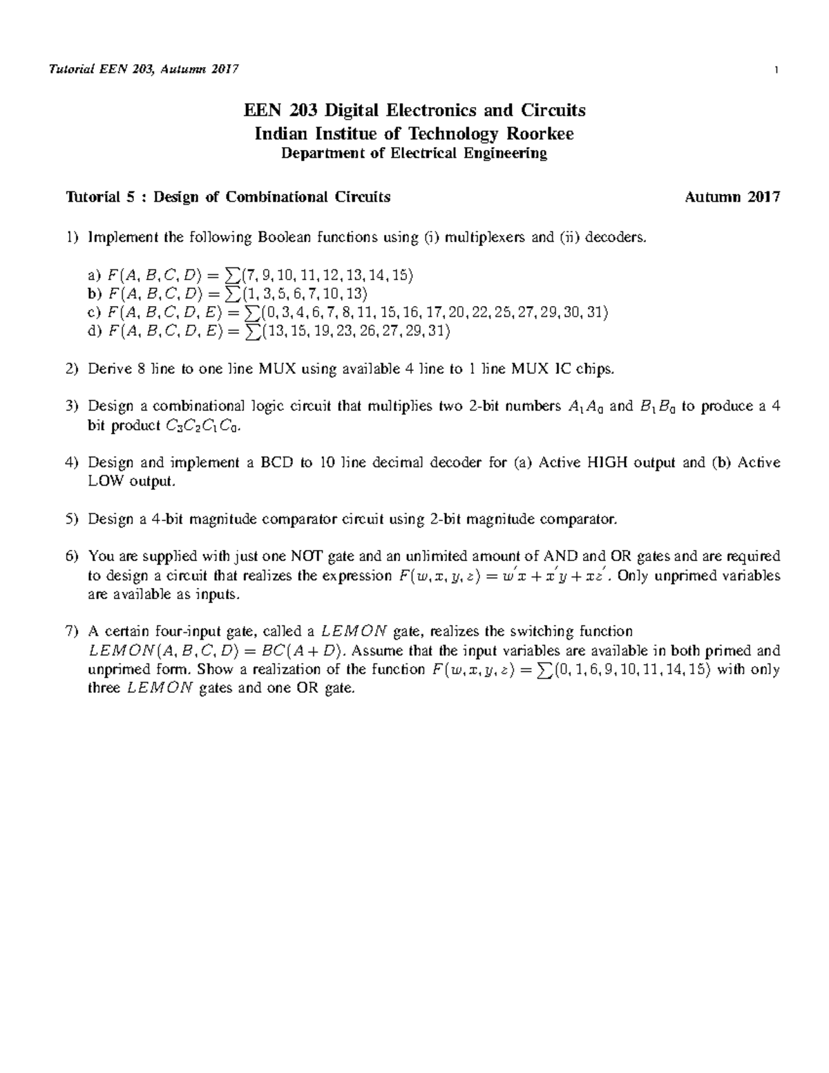 Tutorial 5 EEN 203 - Tutorial EEN 203, Autumn 2017 1 EEN 203 Digital ...