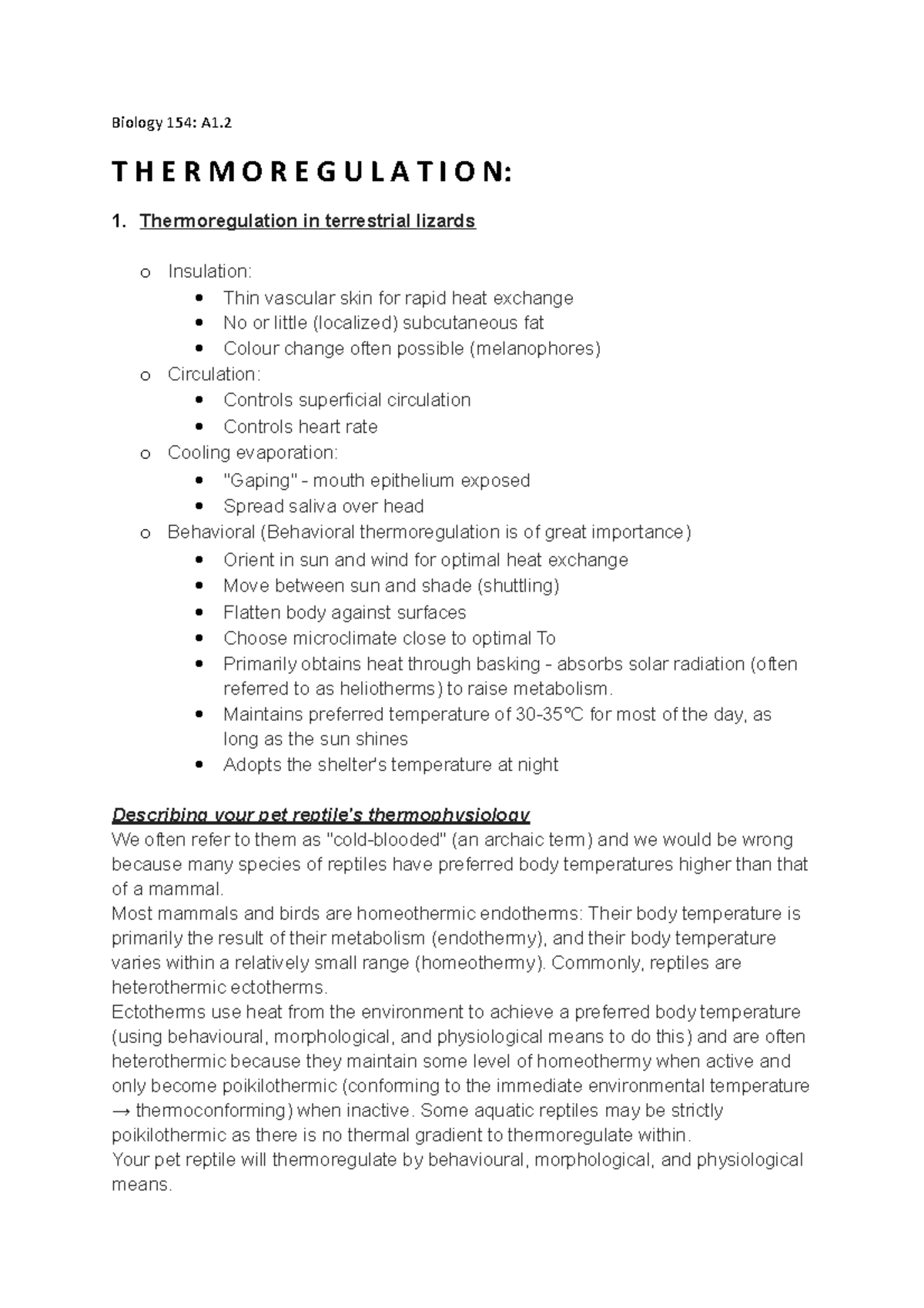 Biology 154 A1.2 Thermoregulation summary - Biology 154: A1. T H E R M ...