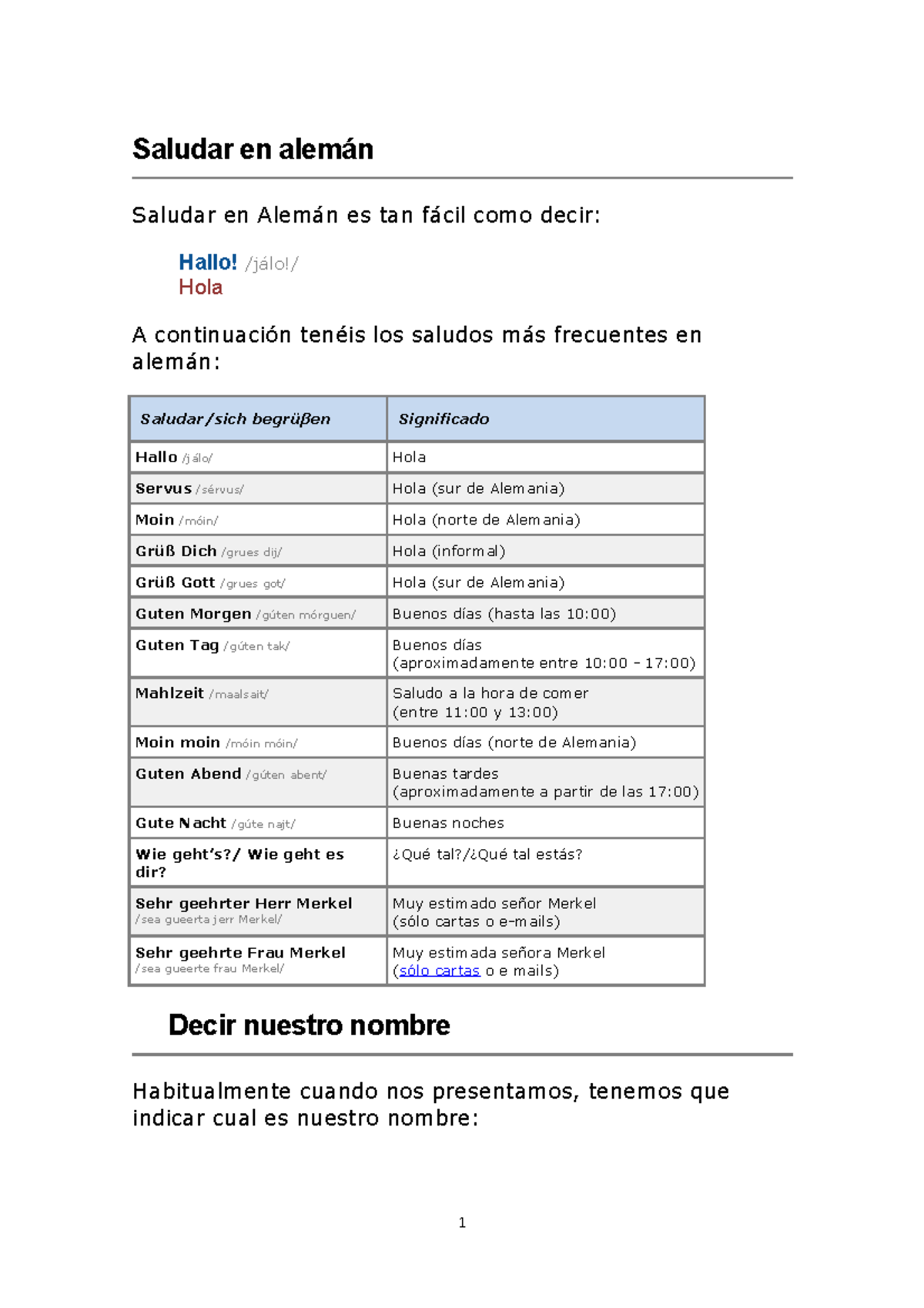 Saludar en alemán - apuntes profesor - Saludar en alemán Saludar en ...