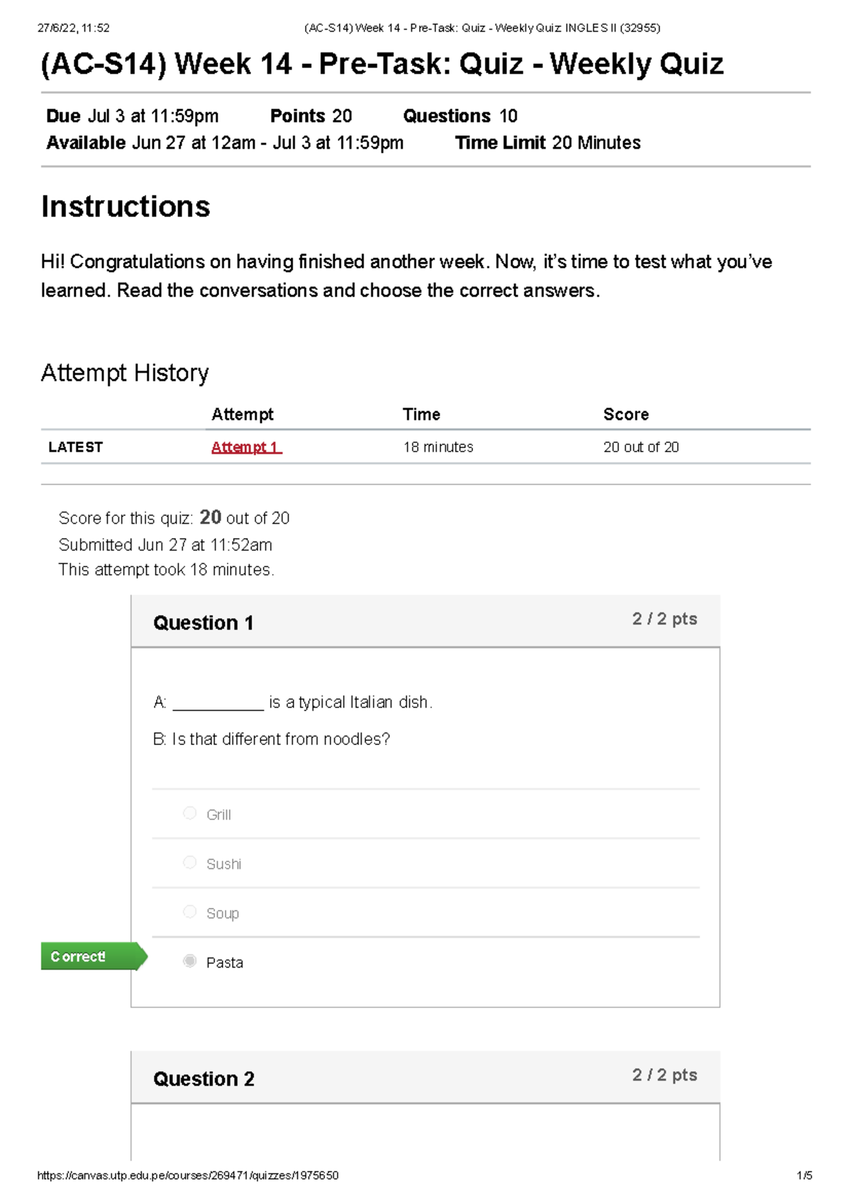 (AC-S14) Week 14 - Pre-Task Quiz - Weekly Quiz Ingles II (32955) - (AC ...