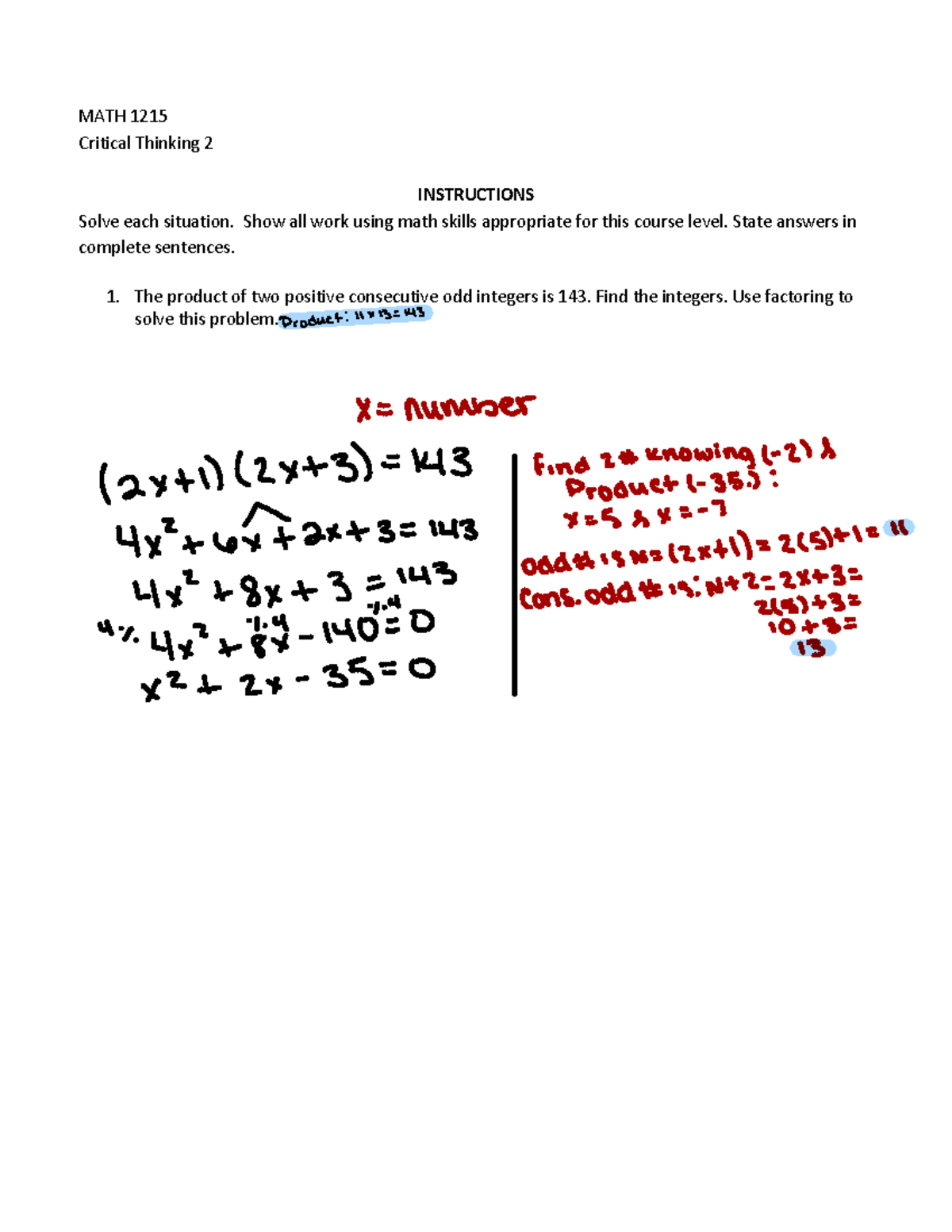 Critical thinking 2 - Key - MATH 1 215 Critical Thinking 2 INSTRUCTIONS ...