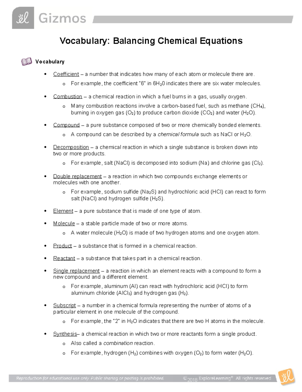 Balancing Chem Equations Vocab - 2018 Vocabulary: Balancing Chemical ...