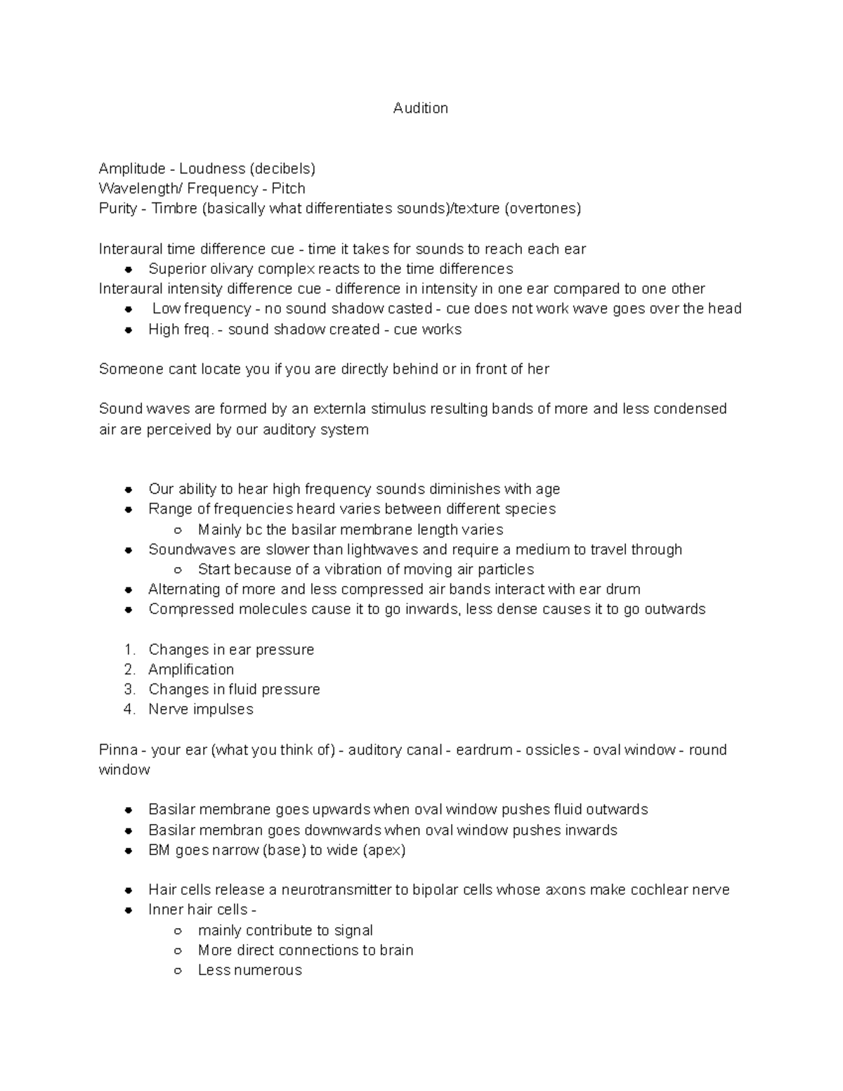 Audition Notes Psych 1XX3 - Audition Amplitude - Loudness (decibels ...