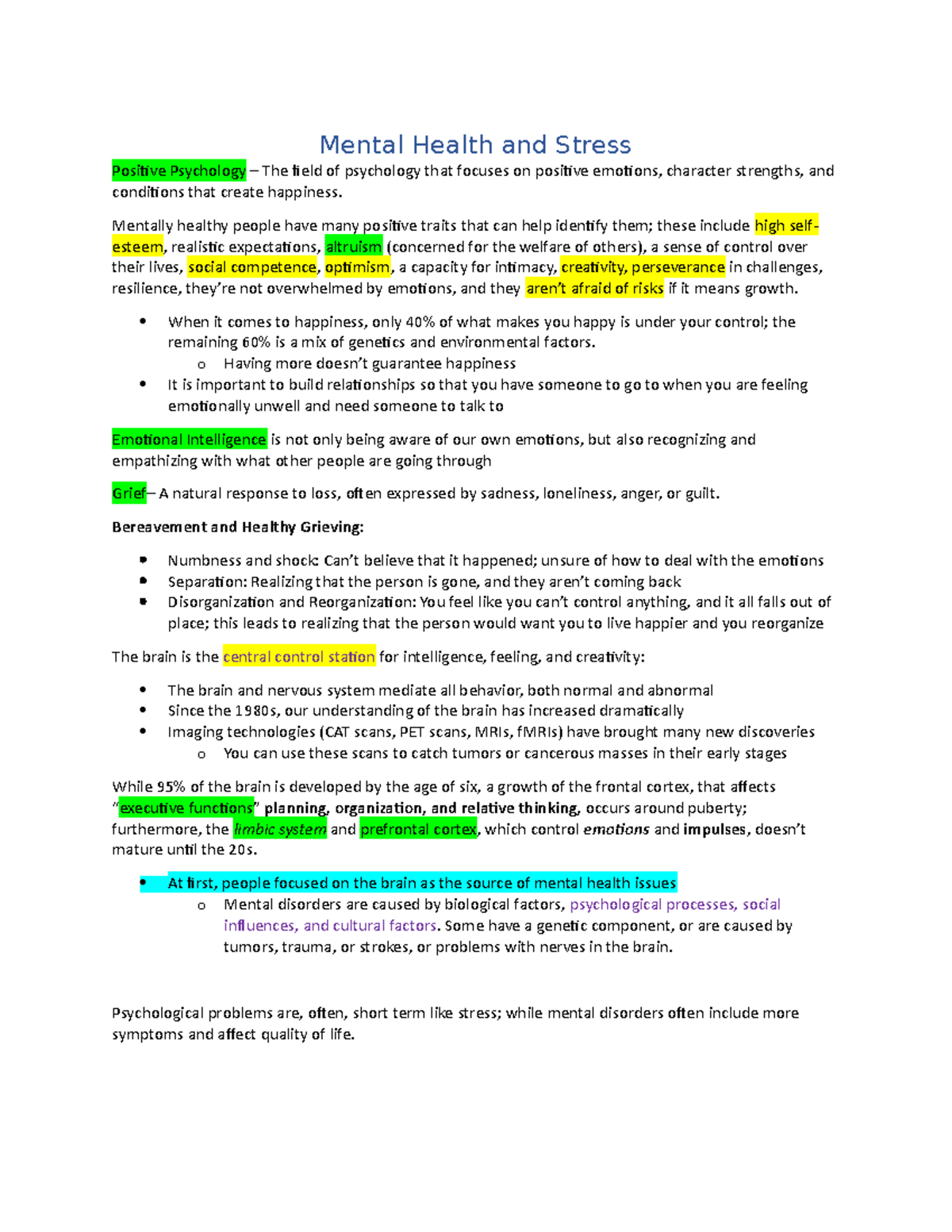 Personal Health Chapter 2 - Mental Health - Mental Health and Stress ...