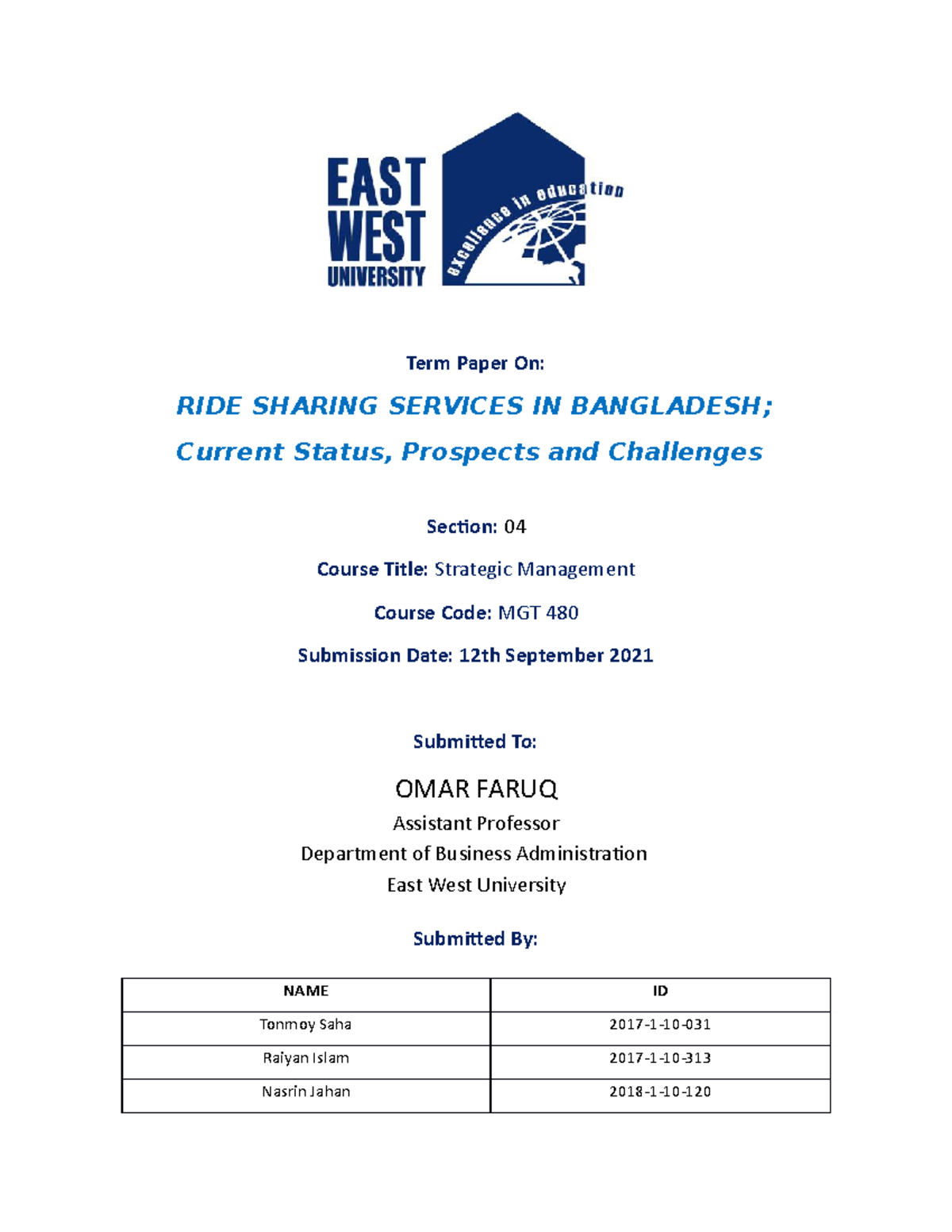 Termpaper mgt 480 final - Term Paper On: RIDE SHARING SERVICES IN ...