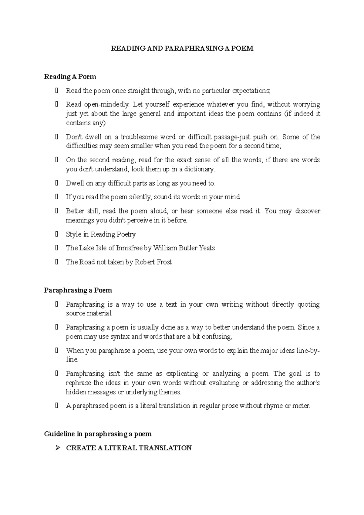 Reading AND Paraphrasing A POEM - READING AND PARAPHRASING A POEM ...