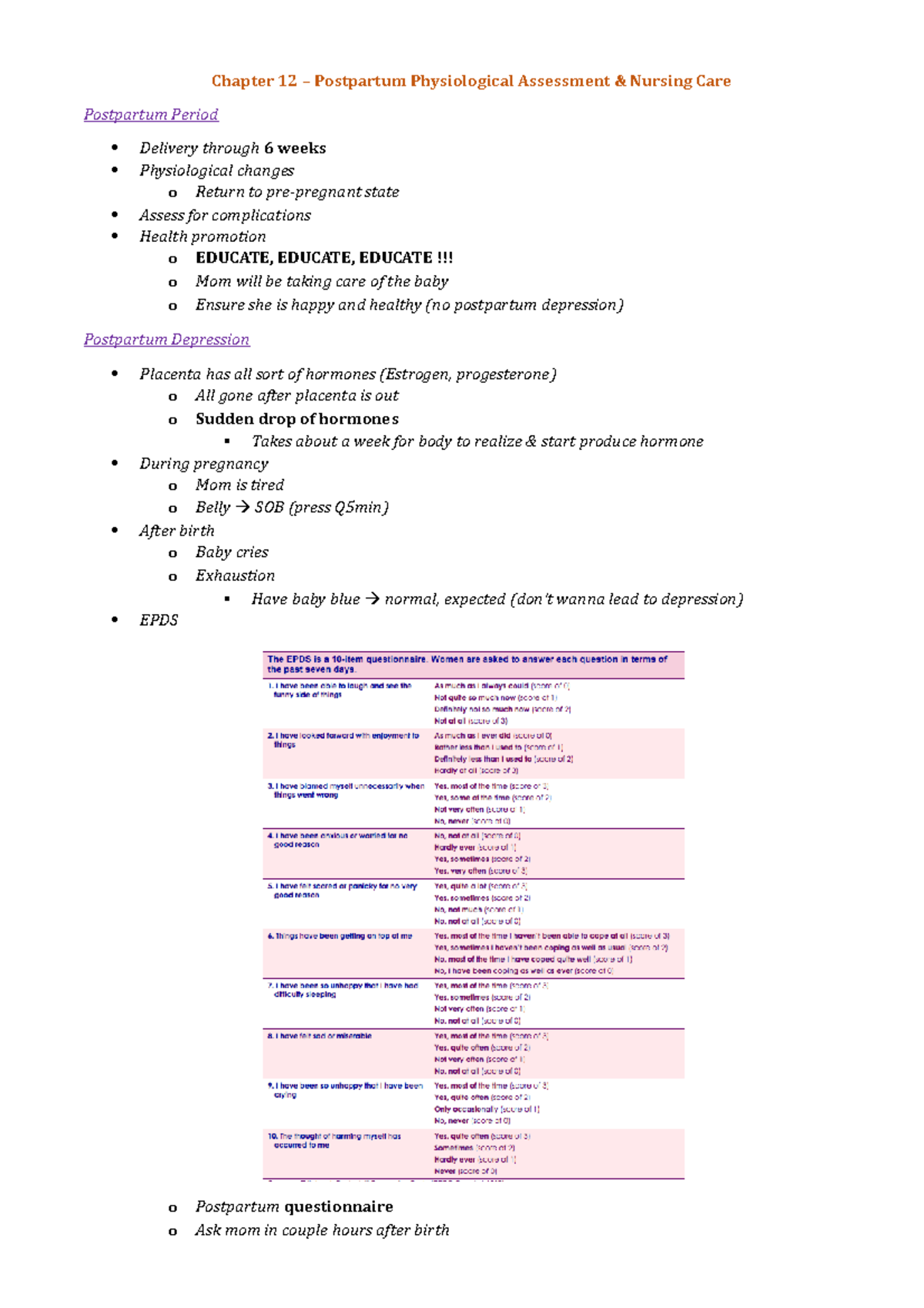 N306 Week 3 lecture notes - Chapter 12 – Postpartum Physiological ...