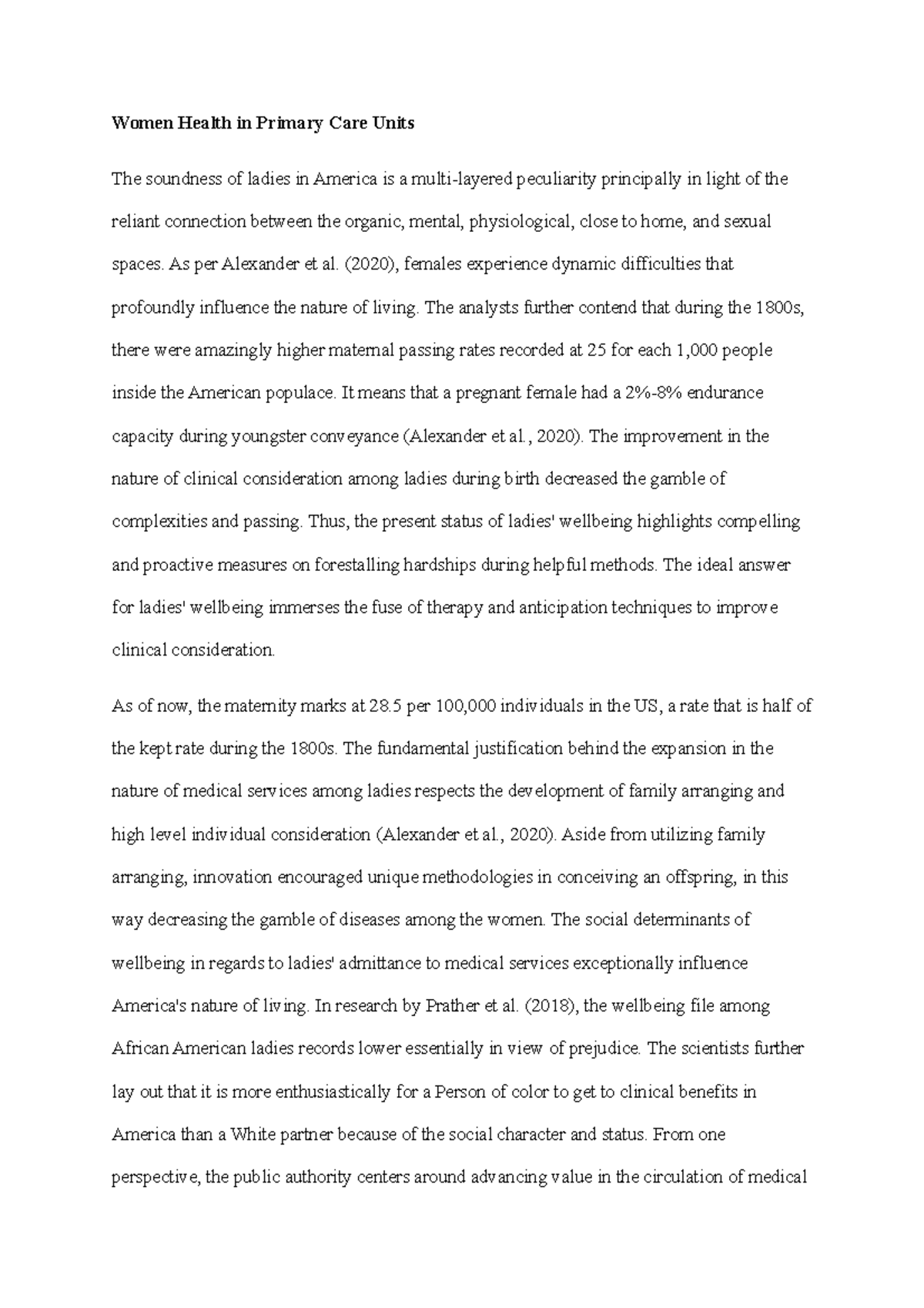 Women Health in Primary Care Units - As per Alexander et al. (2020 ...
