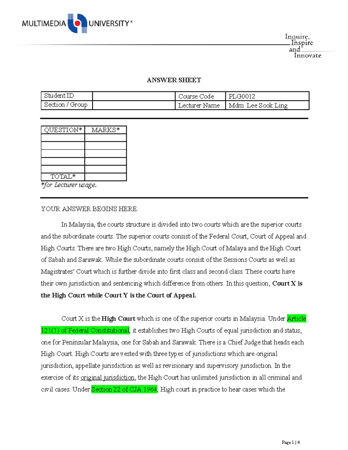 Sample Ans for Midterm - hope this helps - ANSWER SHEET Page 1 | 4 Student ID Course Code PLG ...