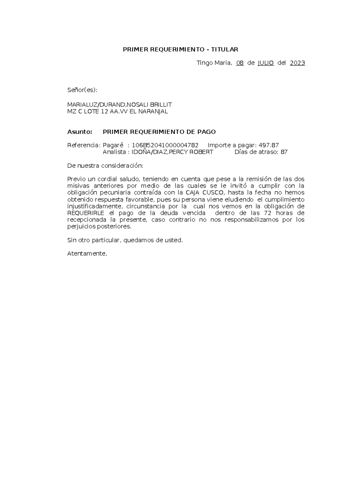 Requerimiento DE PAGO - MODELO DE CARTA - PRIMER REQUERIMIENTO ...