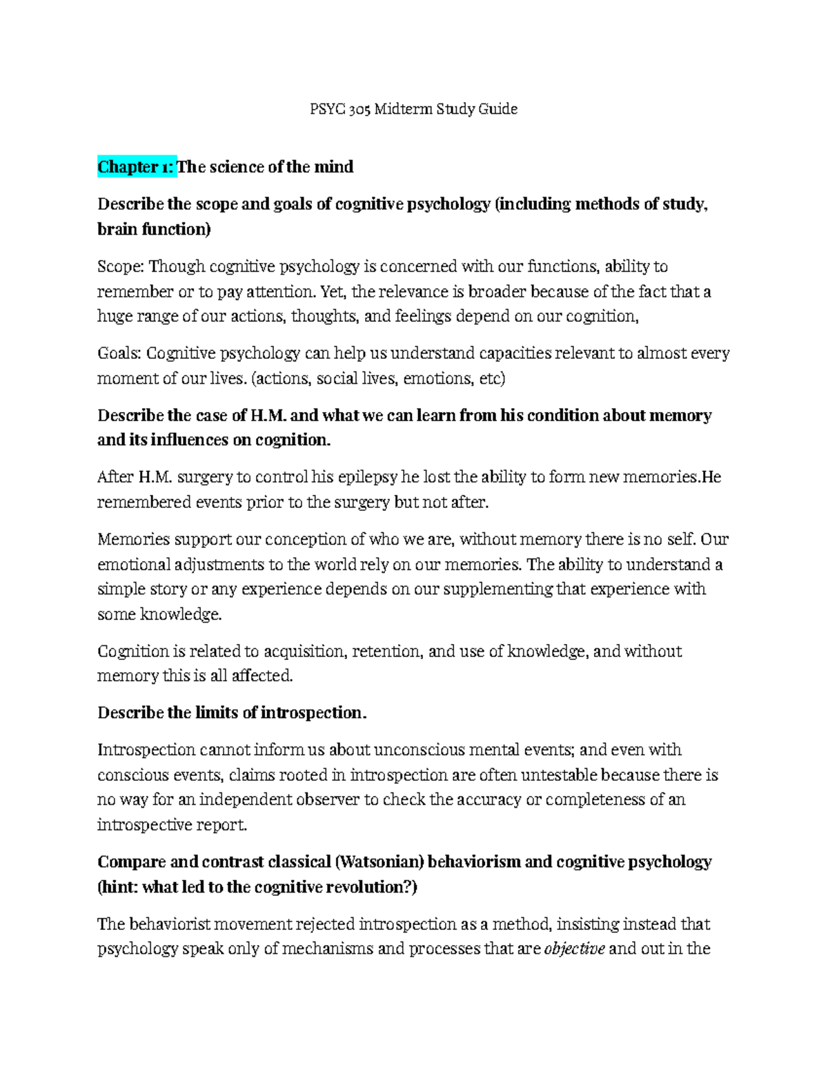 Cog. Psych. Midterm - PSYC 305 Midterm Study Guide Chapter 1: The ...