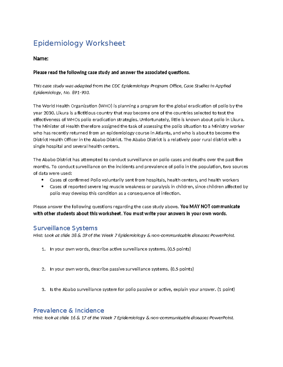 Epidemiology Worksheet(5) - Epidemiology Worksheet Name: Please read ...