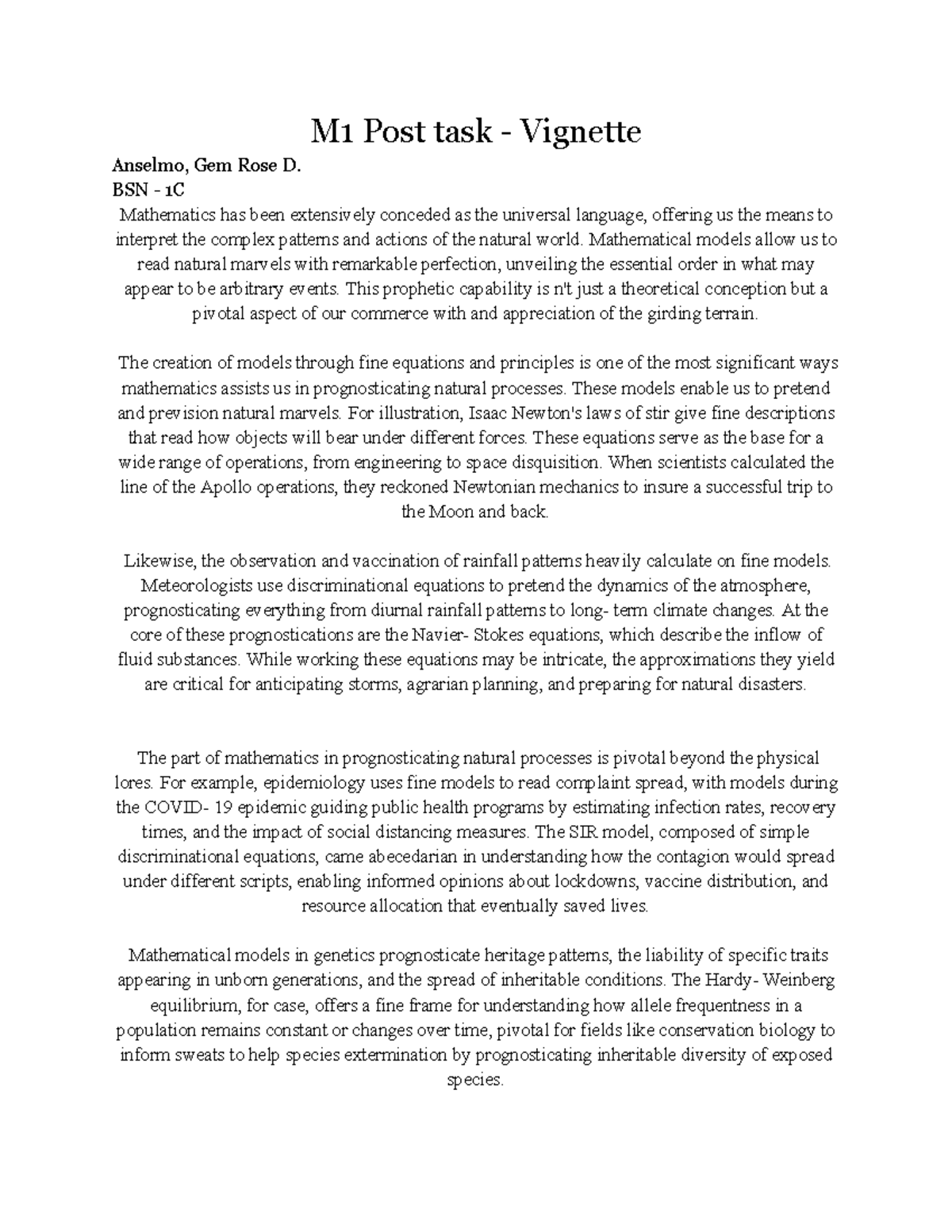 M1 Post task - Vignette - Hope it help - M1 Post task - Vignette Anselmo, Gem Rose D. BSN - 1C ...