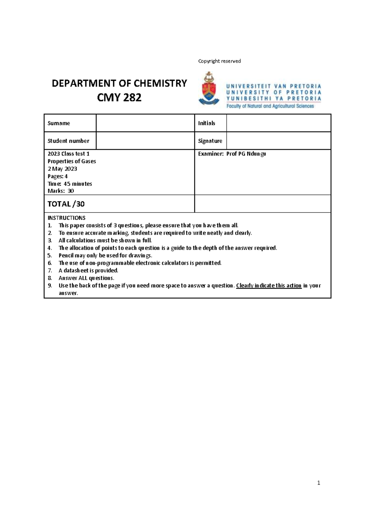 CMY 282 Class test1 - memo 2023 - DEPARTMENT OF CHEMISTRY CMY 282 ...