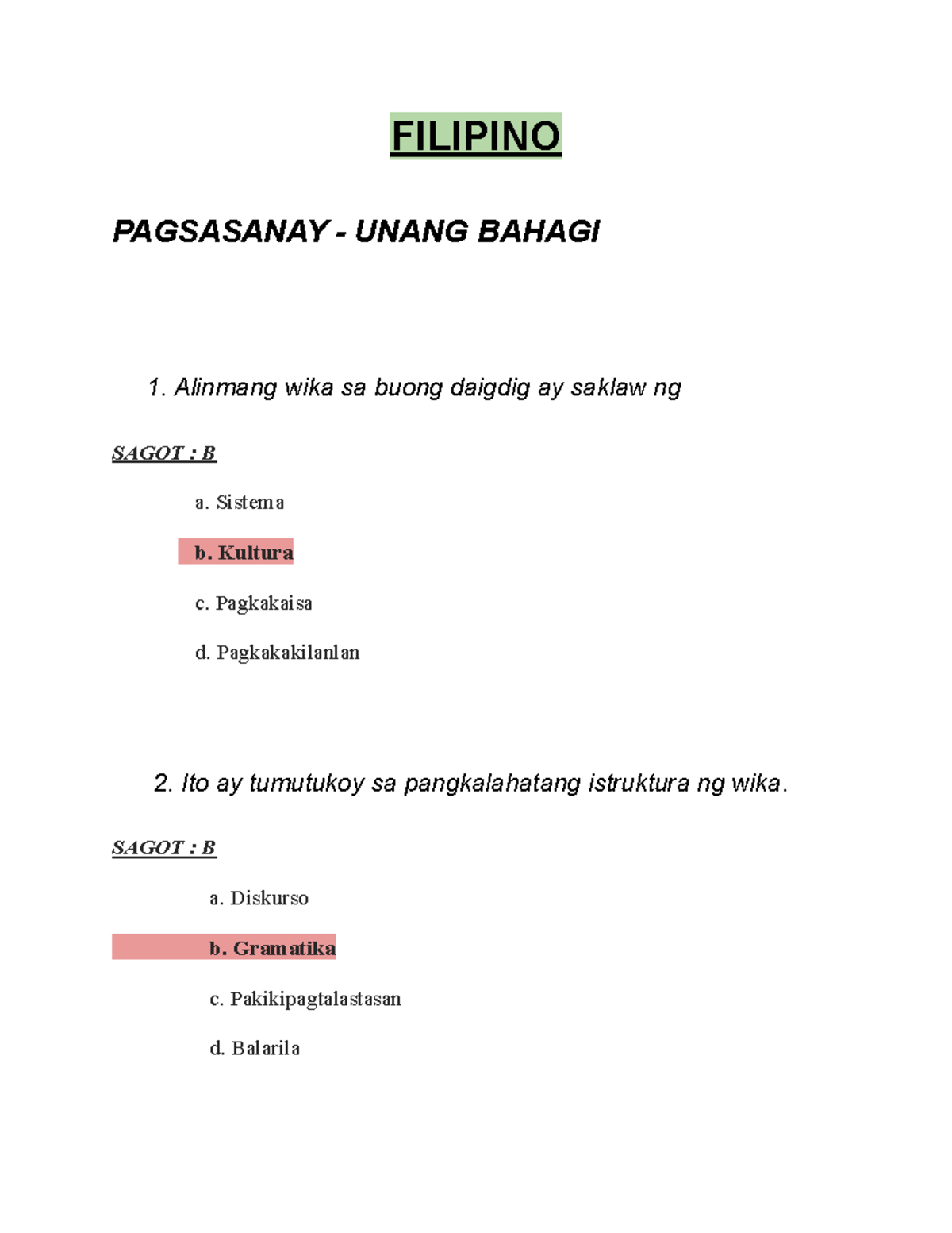 Unang Bahagi - Filipino- Pagsasanay - FILIPINO PAGSASANAY - UNANG ...