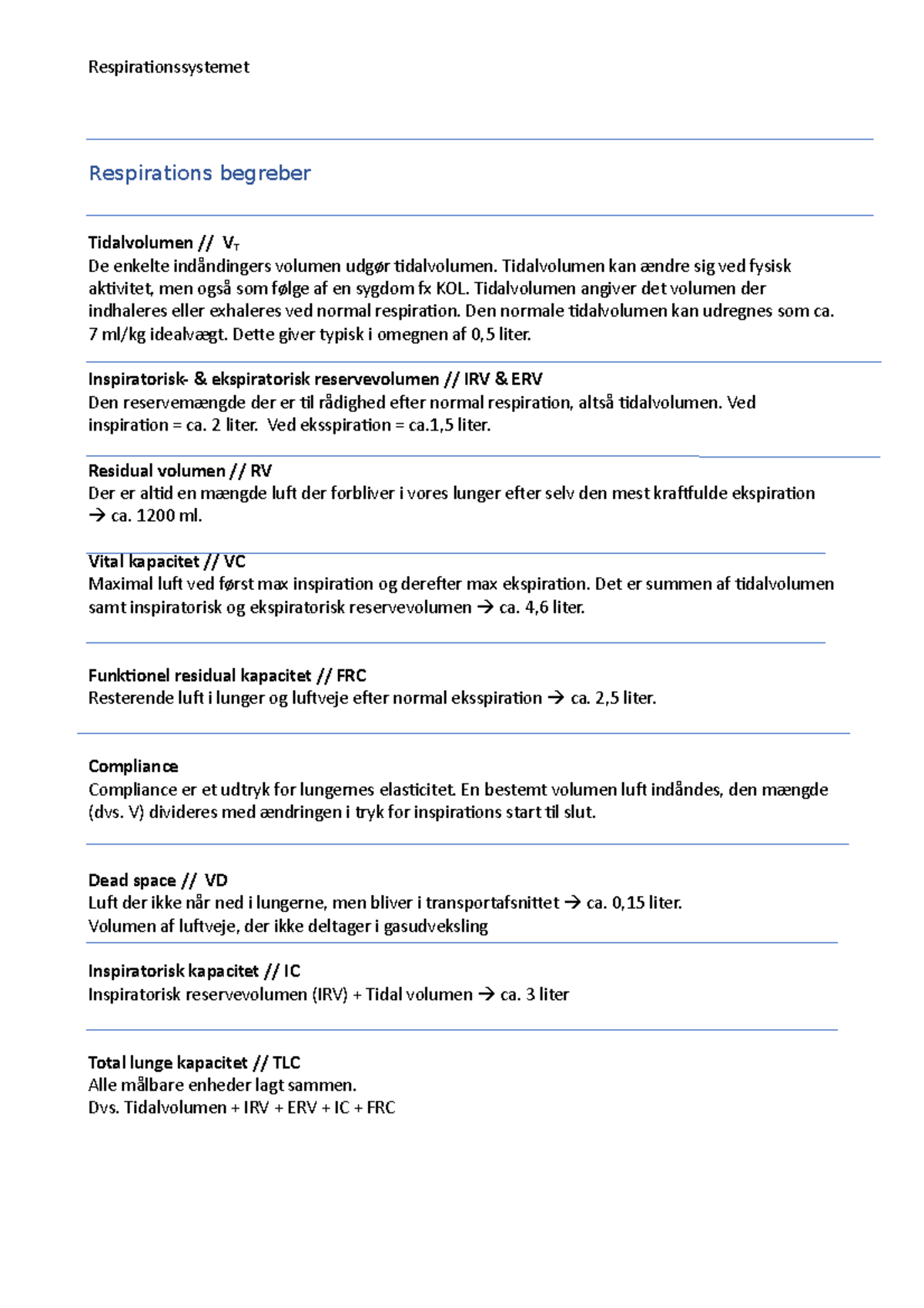 Tidalvolumen - Lunger - Respirationssystemet Respirations begreber ...