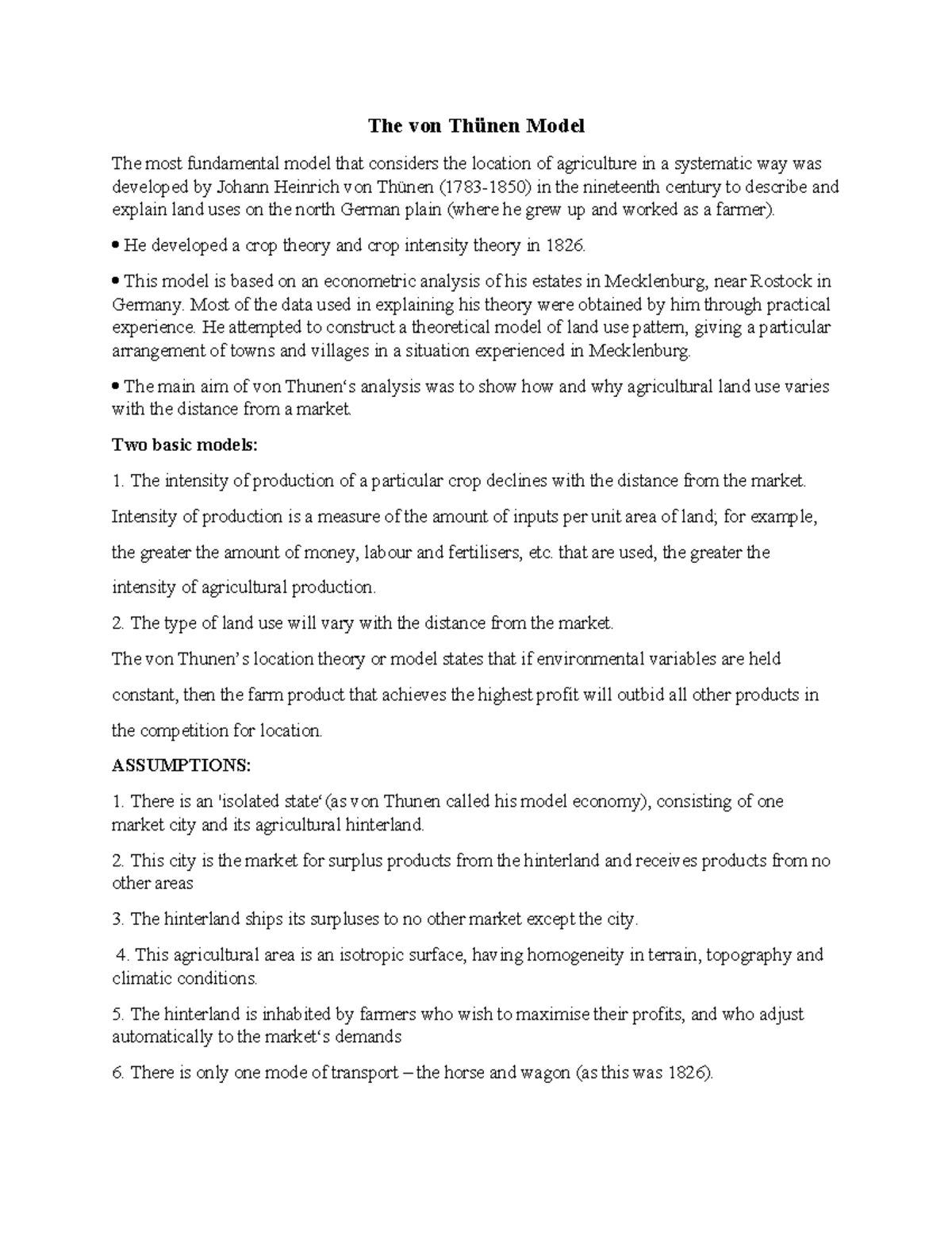 Von Thunen details - The von Thünen Model The most fundamental model ...