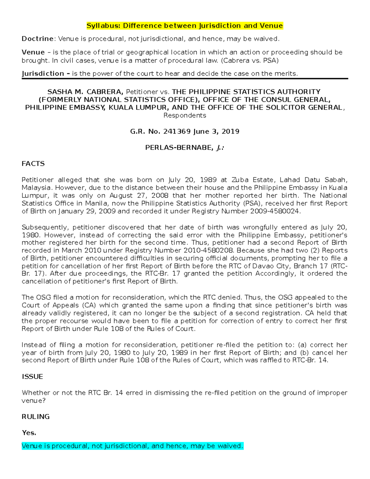 Sasha M. Cabrera, vs. THE Philippine Statistics Authority, et. al, G.R ...