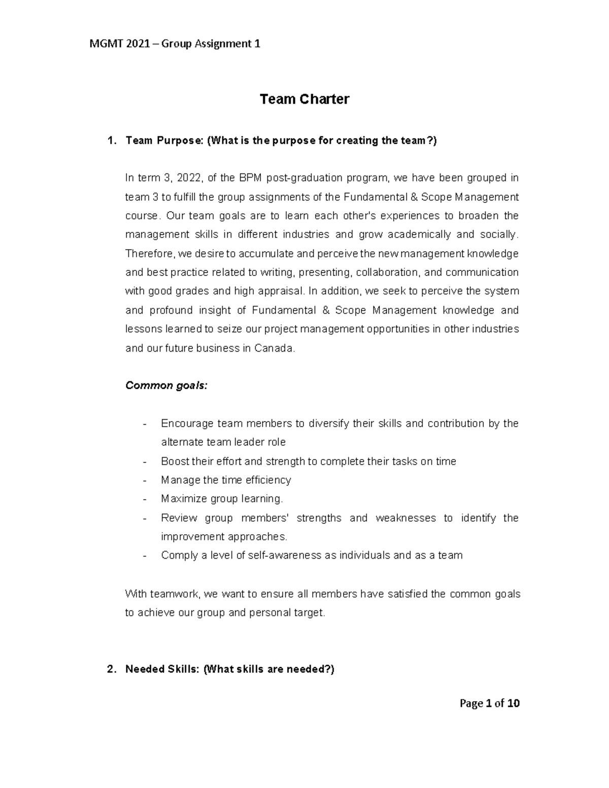 Fundamental - Team Charter rev - Team Charter Team Purpose: (What is ...
