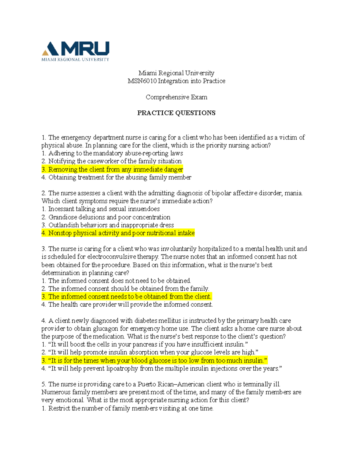 Comprehensive Exam Practice Questions - Miami Regional University ...