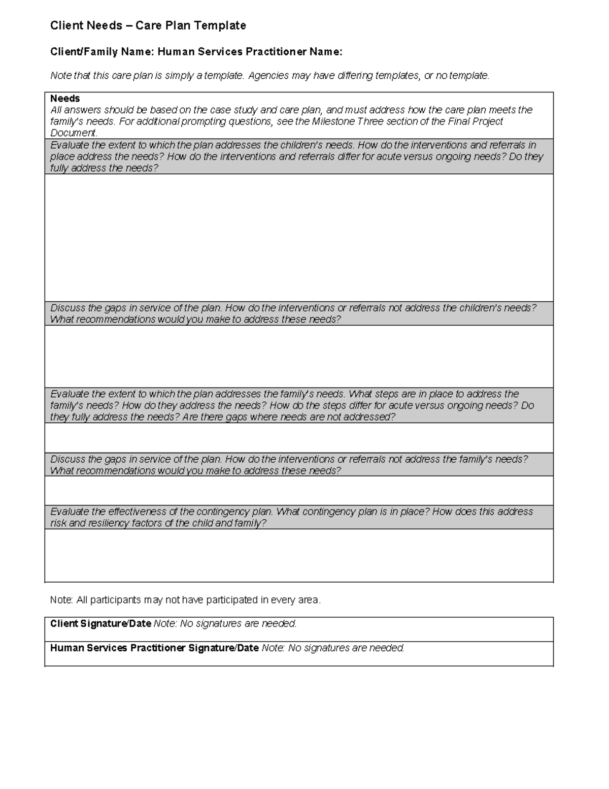 HSE 315 Client Needs Care Plan Template - Client Needs – Care Plan ...