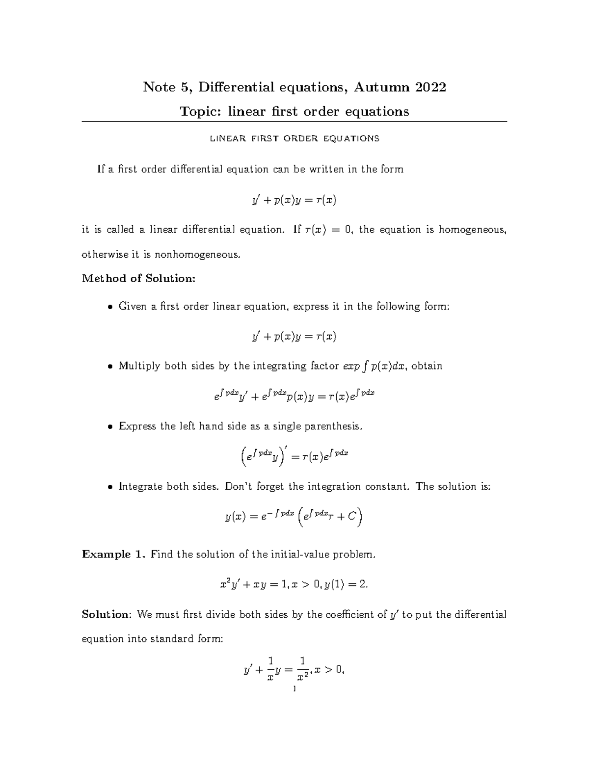 Notepc 5 - linear first-order equations, assignment with solution ...