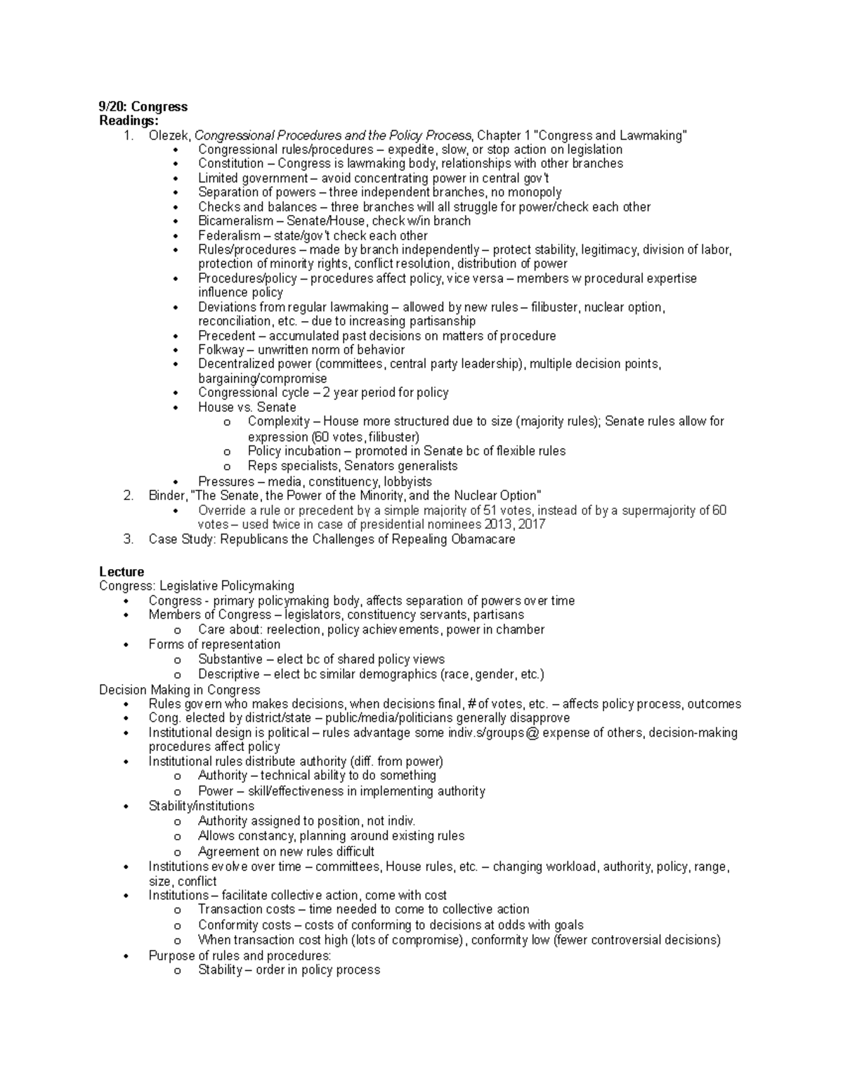 Congress - Lecture notes 2 - 9/20: Congress Readings: 1. Olezek ...