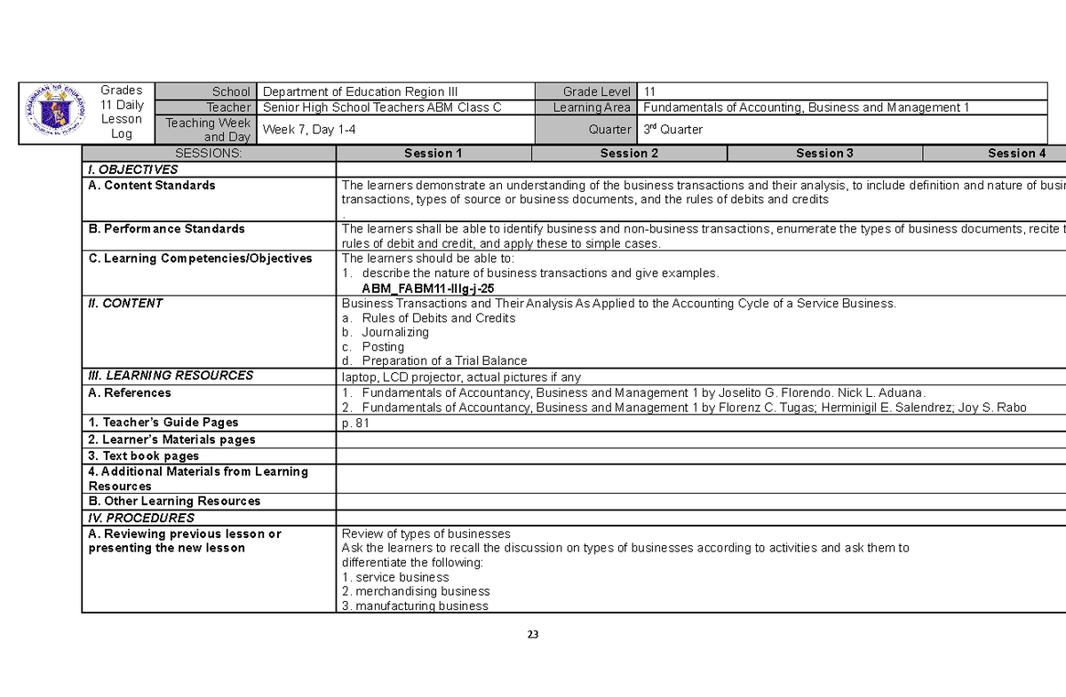 3rd Q-Week-7-ABM FABM11-IIIg-j-25 - Grades 11 Daily Lesson Log School ...