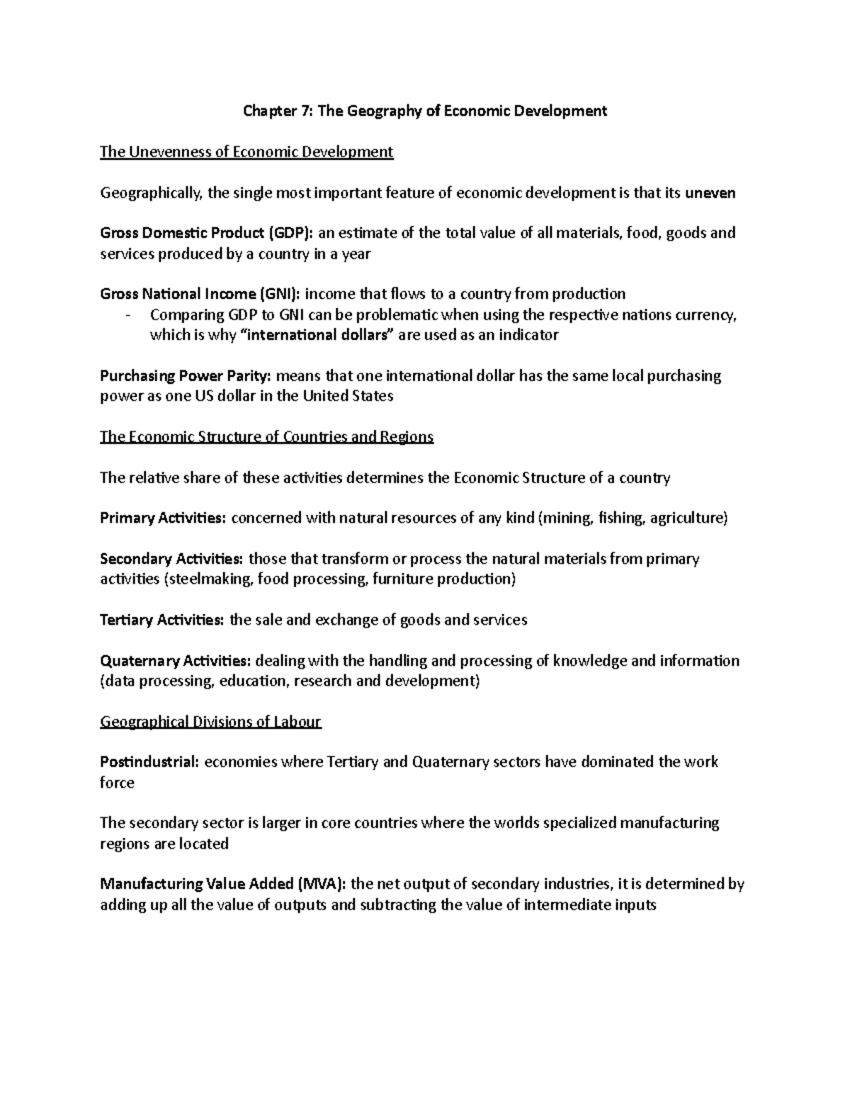 GG102 Final Exam Review - Chapter 7: The Geography of Economic ...