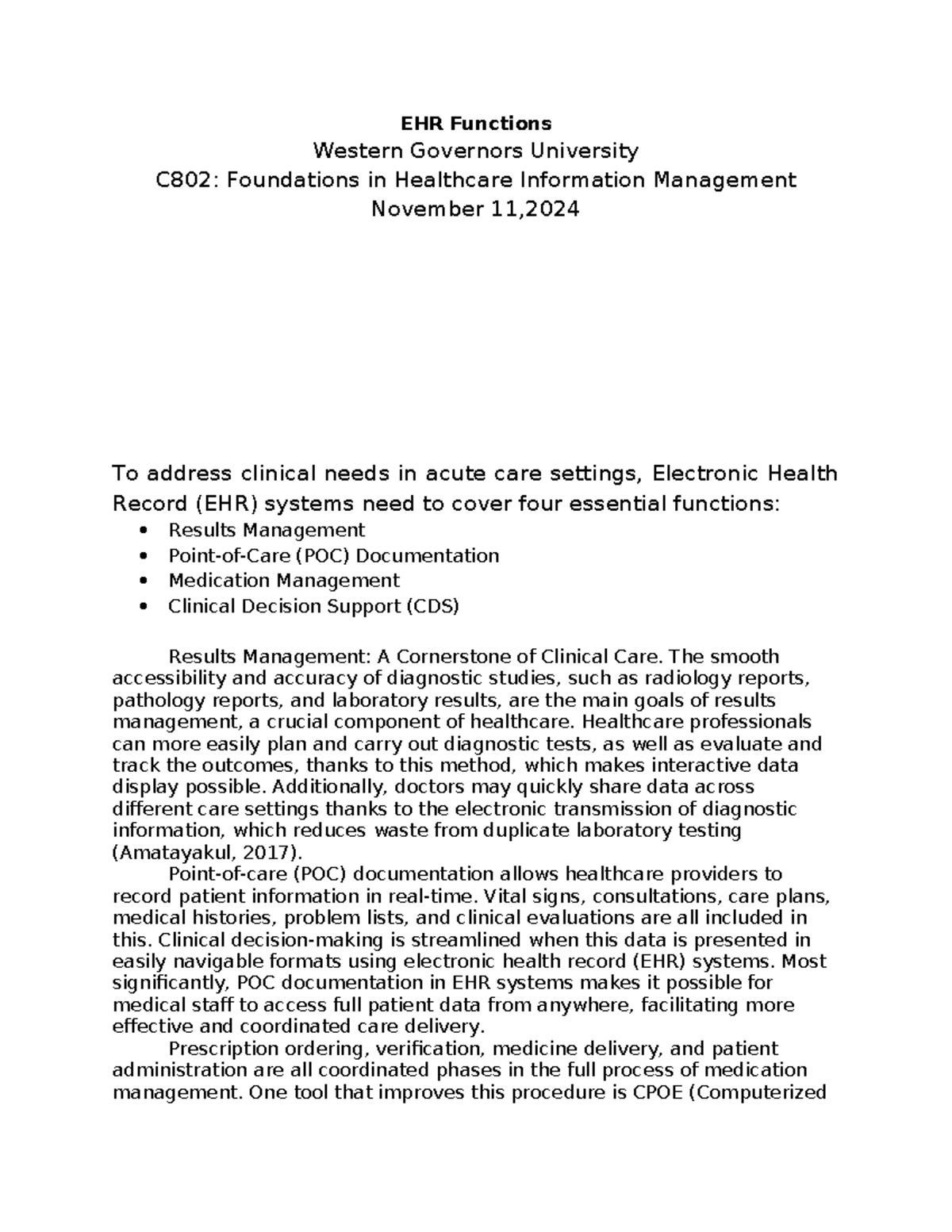 Foundations of HIM Task1 - EHR Functions Western Governors University ...