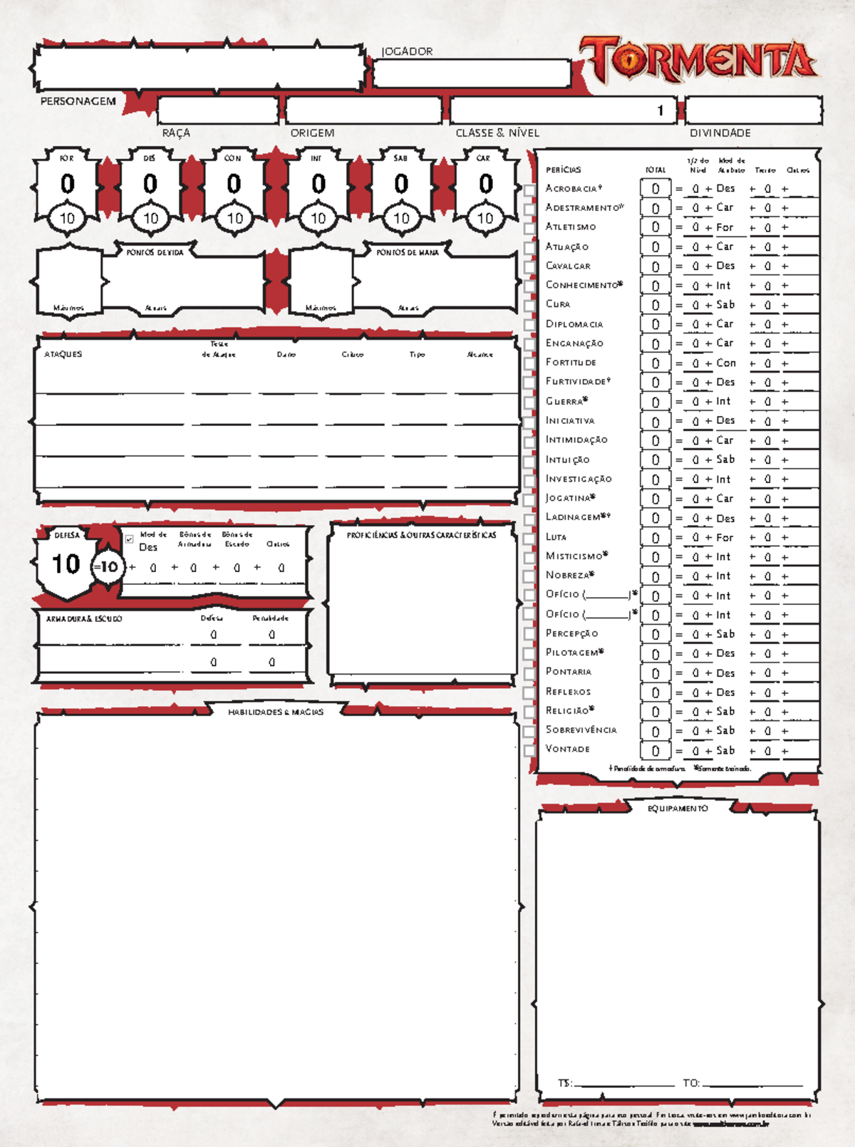 Tormenta 20 - Ficha Editavel v1 - 10 Mod. de Destreza Bônus de Armadura DEFESA = + + Bônus de ...