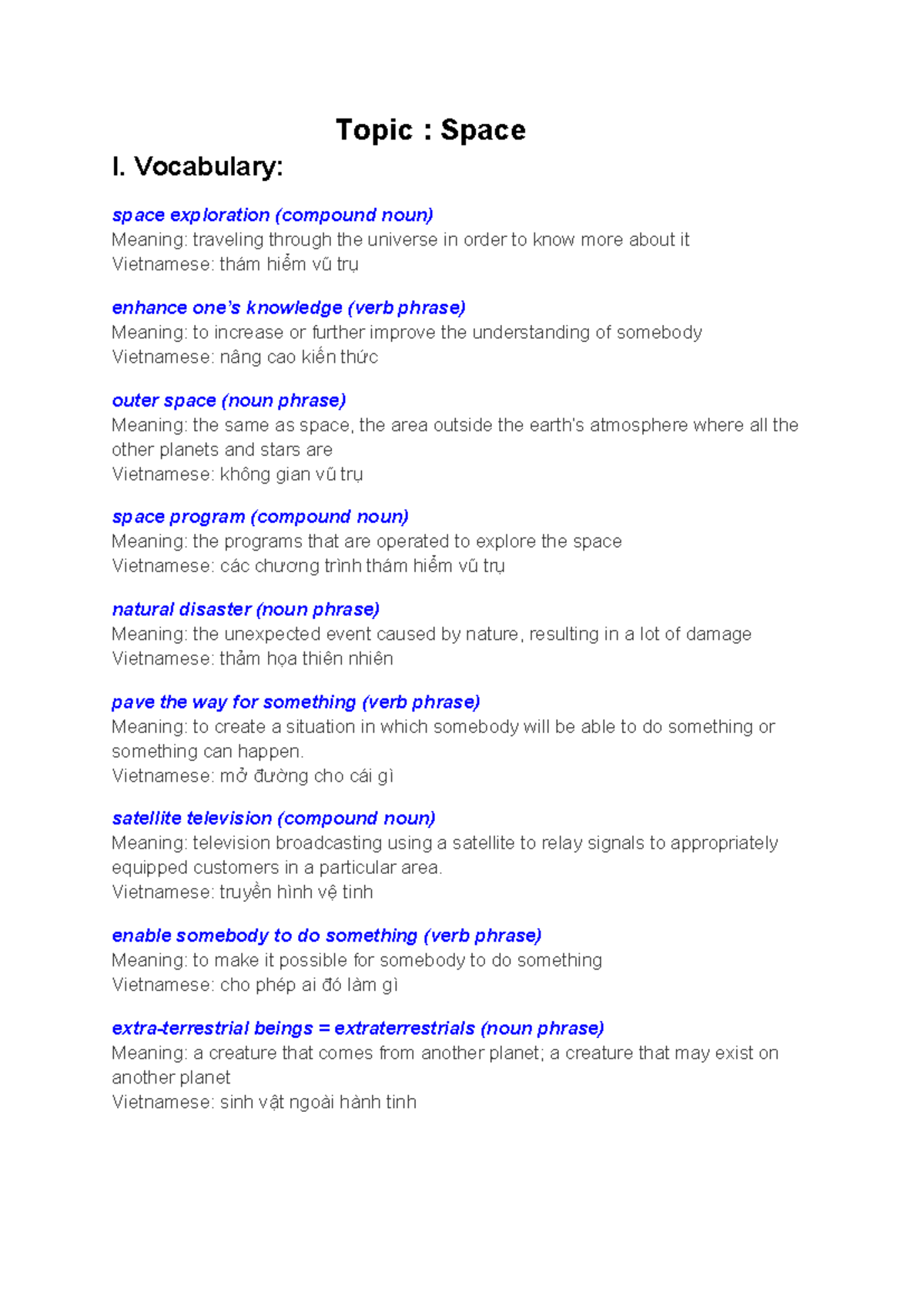 Topic Space - Summary Quản trị htk - Topic : Space I. Vocabulary: space ...