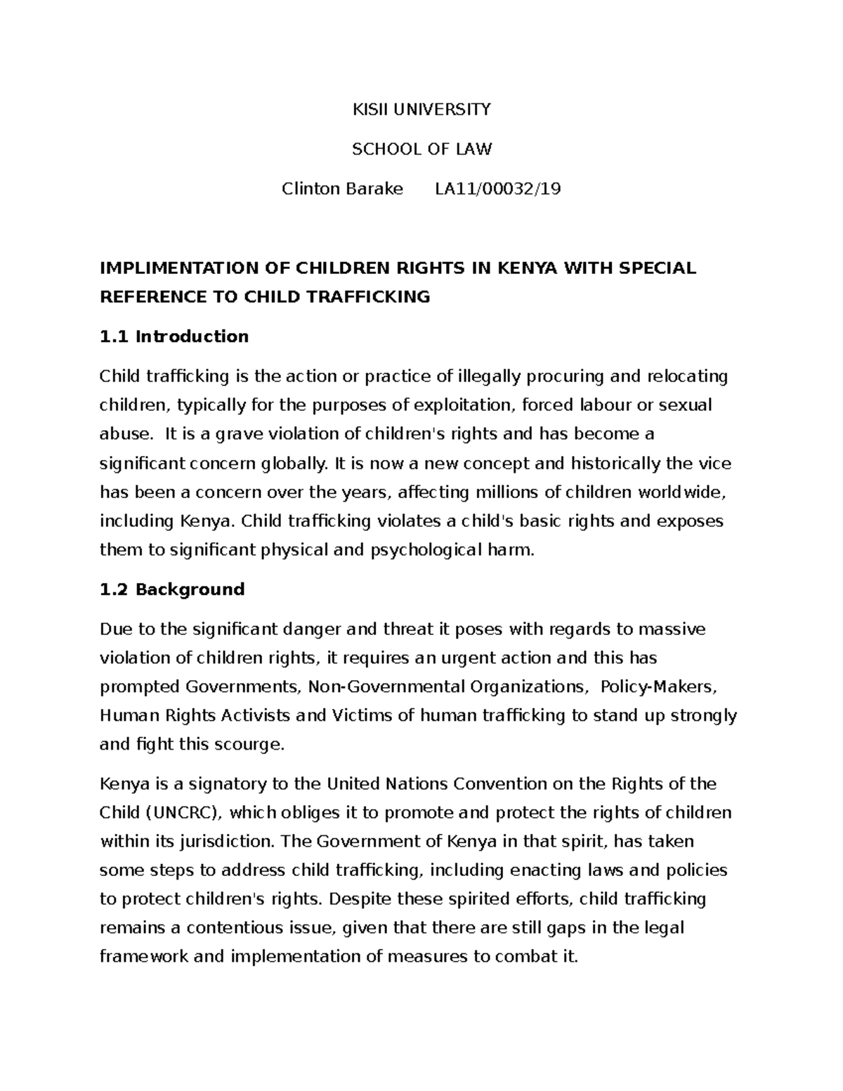 Child TRA Proposal - KISII UNIVERSITY SCHOOL OF LAW Clinton Barake LA11 ...