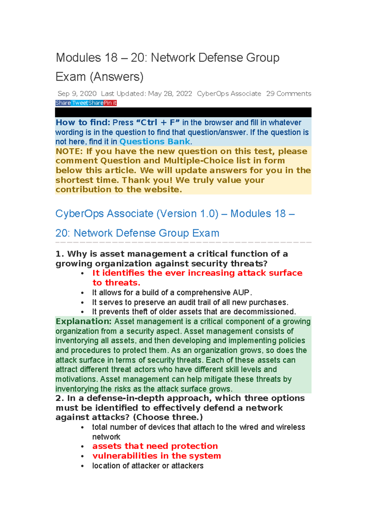 18-20 - Modules 18 – 20: Network Defense Group Exam (Answers) Sep 9 ...