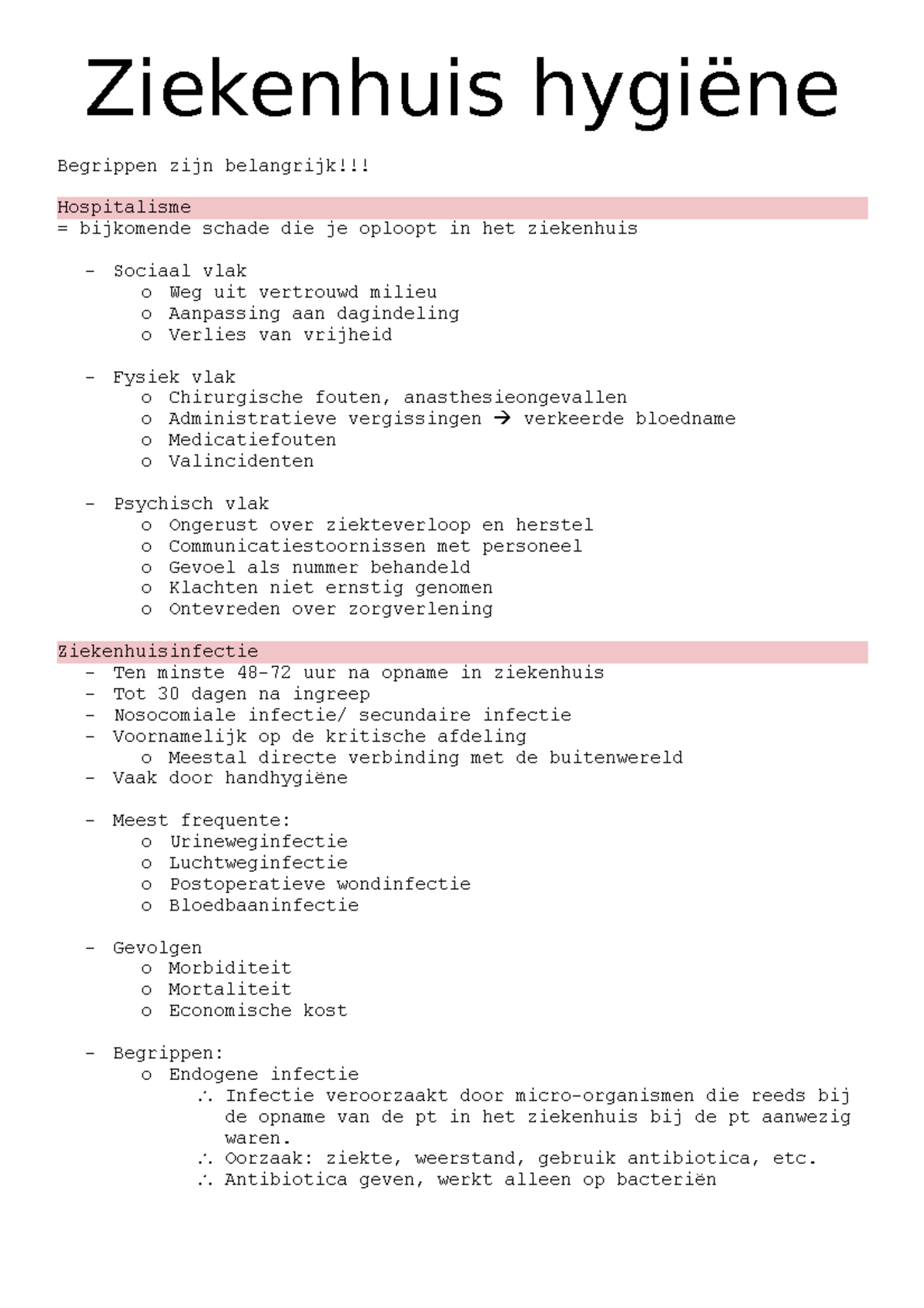 Samenvatting: Ziekenhuis hygiëne - Ziekenhuis hygiëne Begrippen zijn ...