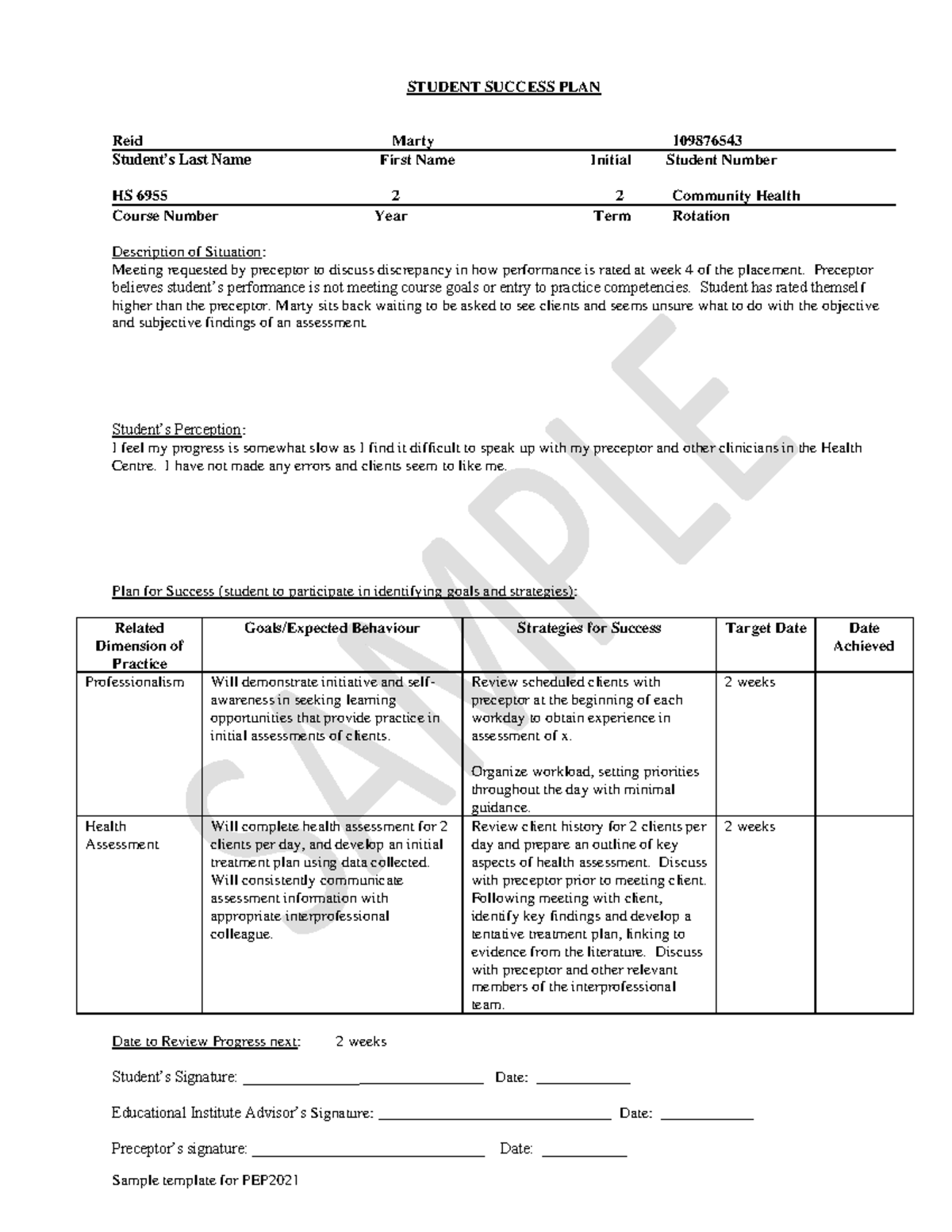 Sample Student Success Plan - Sample template for PEP STUDENT SUCCESS ...