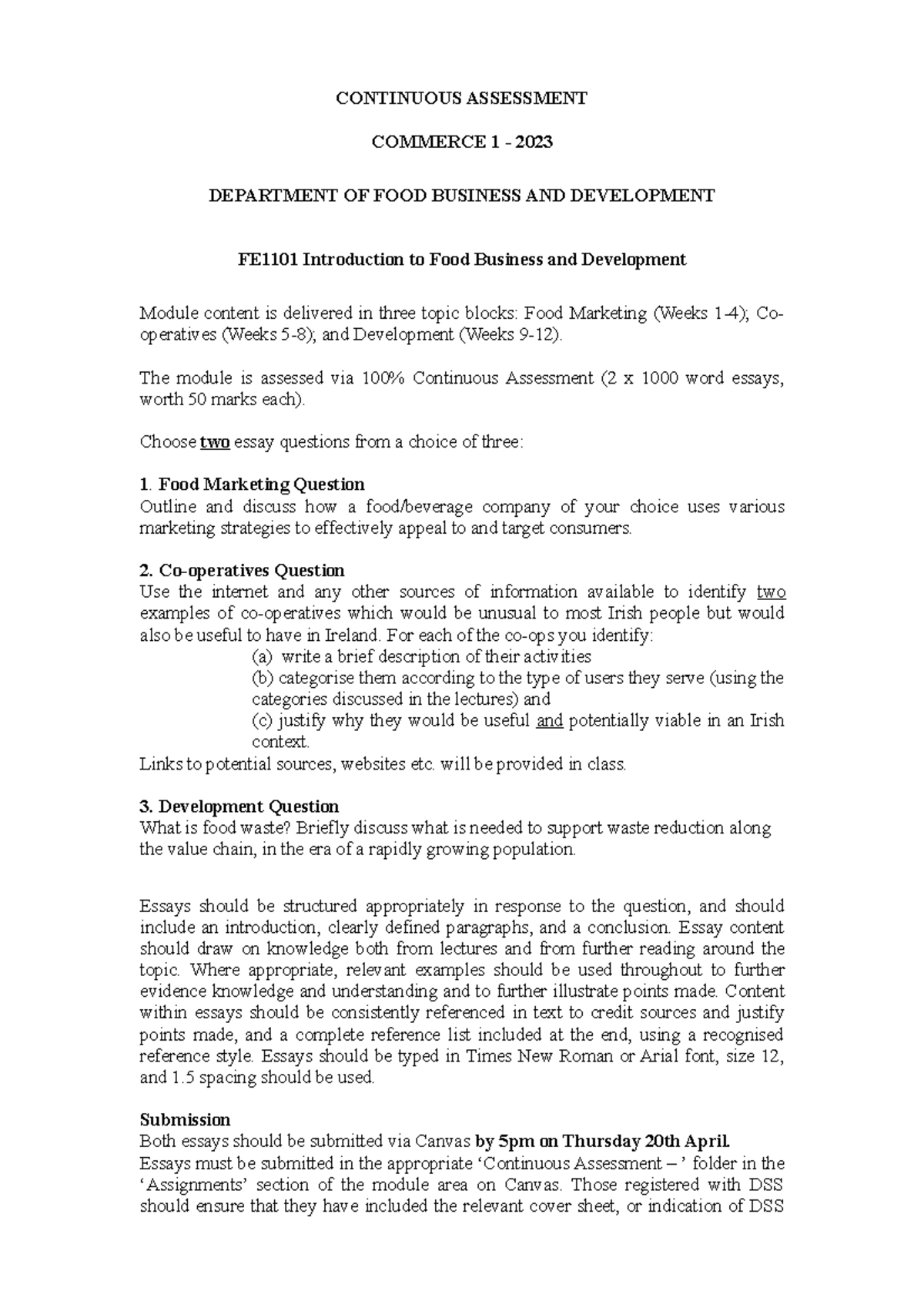 FE1101 CA 2023 - ucc notes - CONTINUOUS ASSESSMENT COMMERCE 1 - 2023 ...