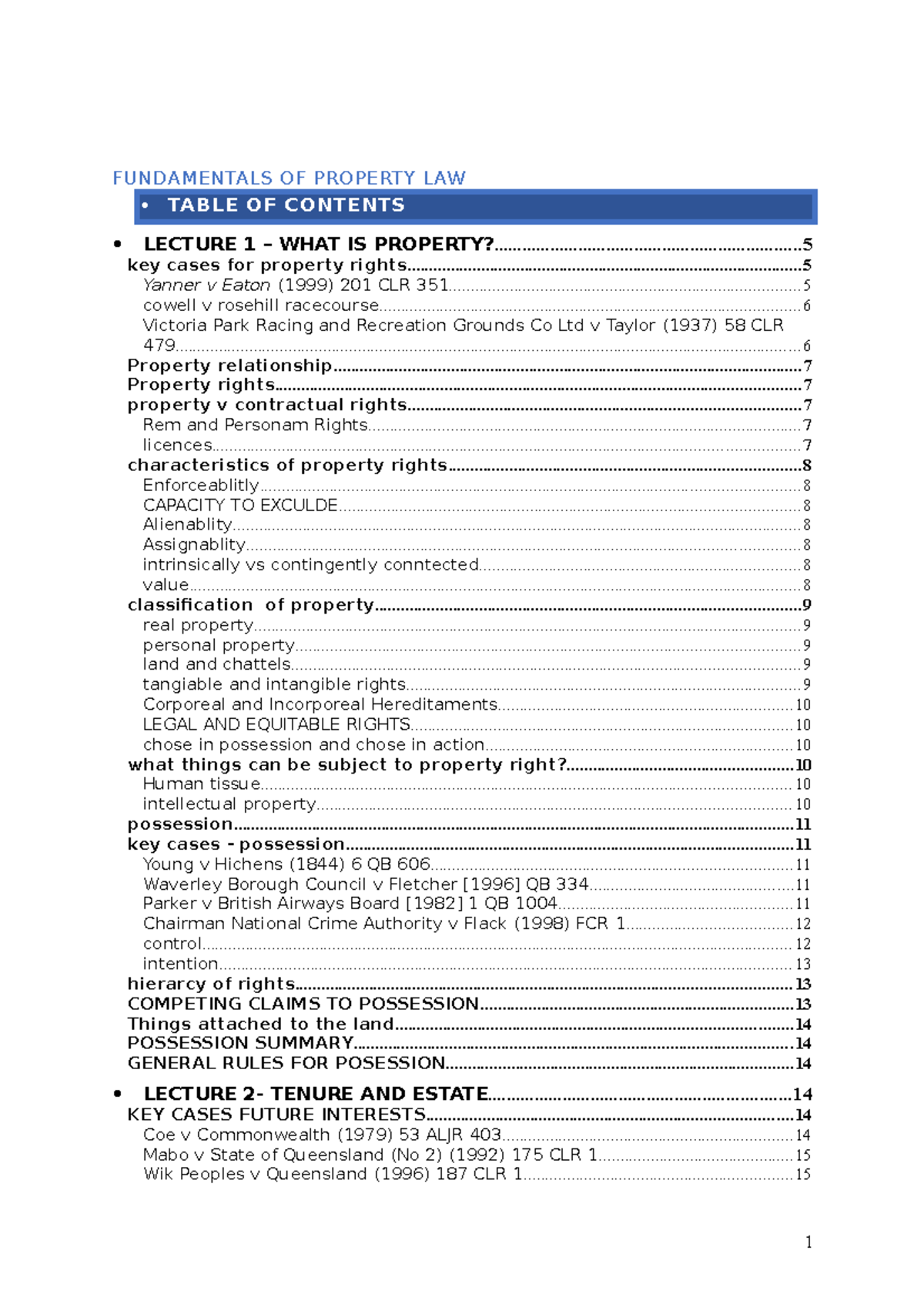 LAND-LAW - Recap for LL - FUNDAMENTALS OF PROPERTY LAW TABLE OF CONTENTS LECTURE 1 WHAT IS - Studocu
