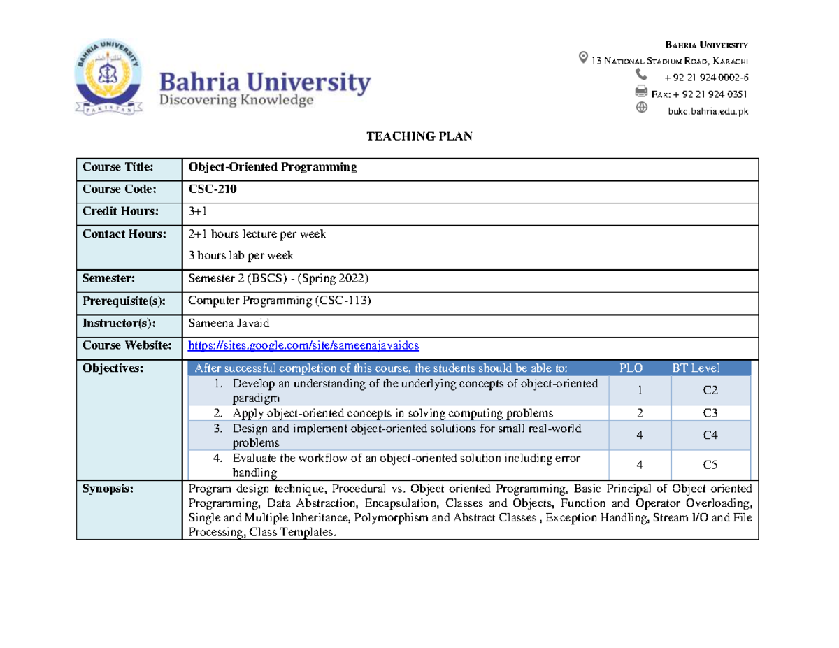 Teaching Plan CSC 210 OOP Spring 2022 19042022 023942 pm - BAHRIA ...