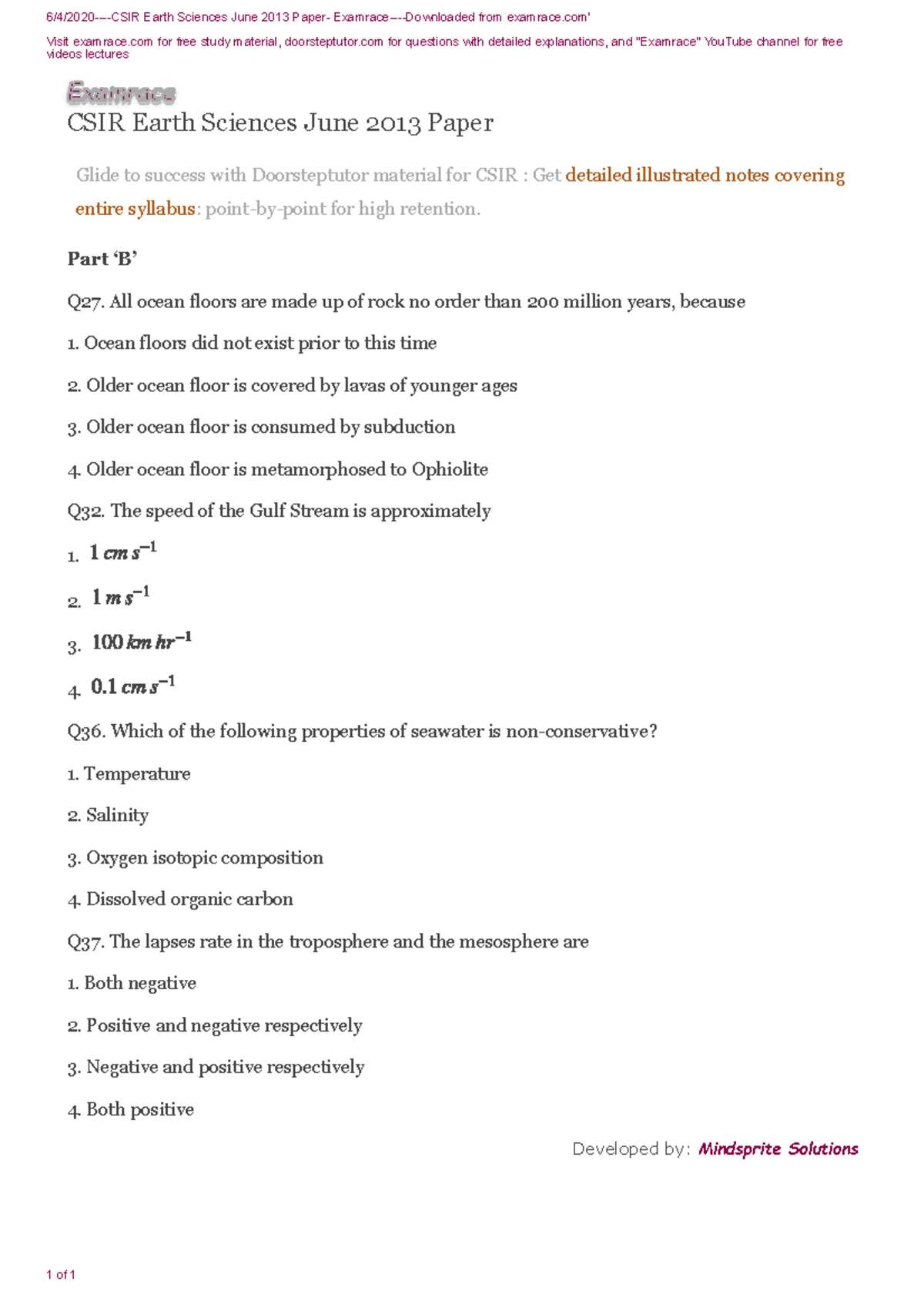 CSIR Earth Sciences Questions 2013 - 6/4/2020-CSIR Earth Sciences June ...