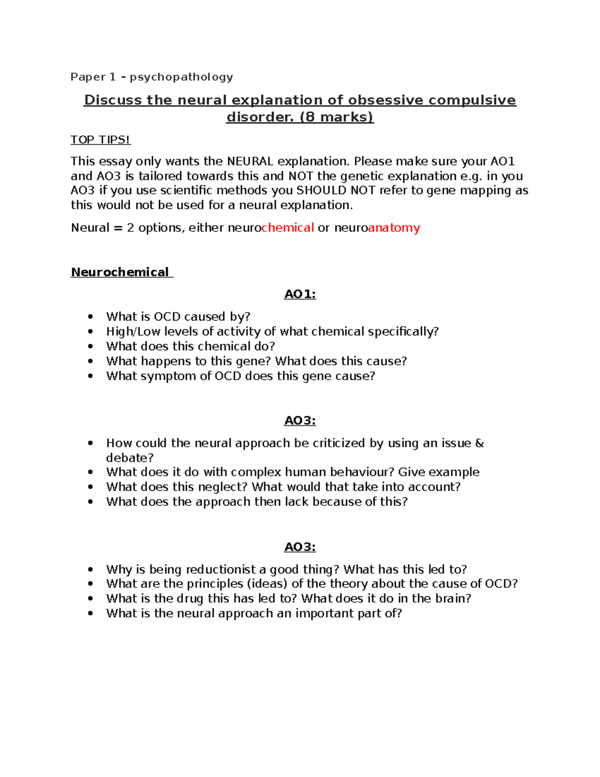 05. Neural Expl OCD - ,,, - Paper 1 – psychopathology Discuss the ...