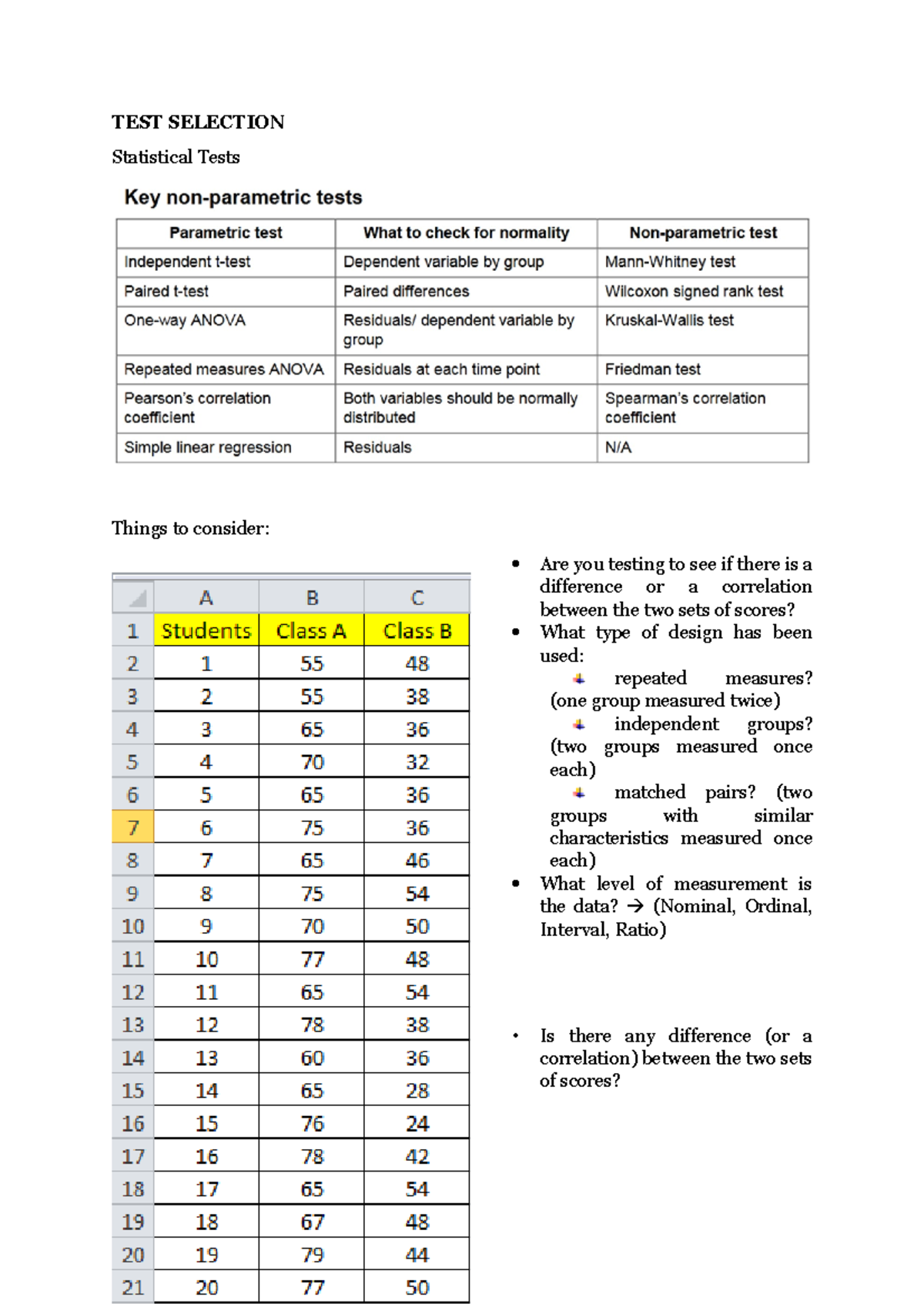 TEST SELECTION FOR STUDENT - TEST SELECTION Statistical Tests Things to ...