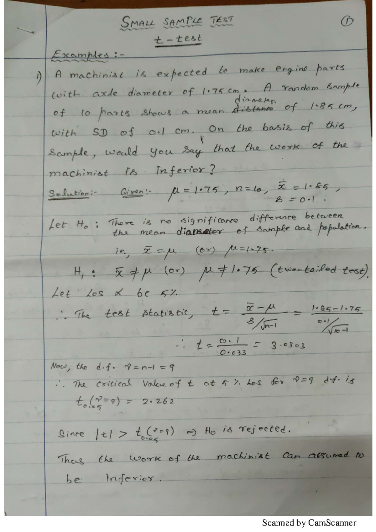 T test - study - SMALL SAMPLE TEST t test 1) A machinist is expected to ...
