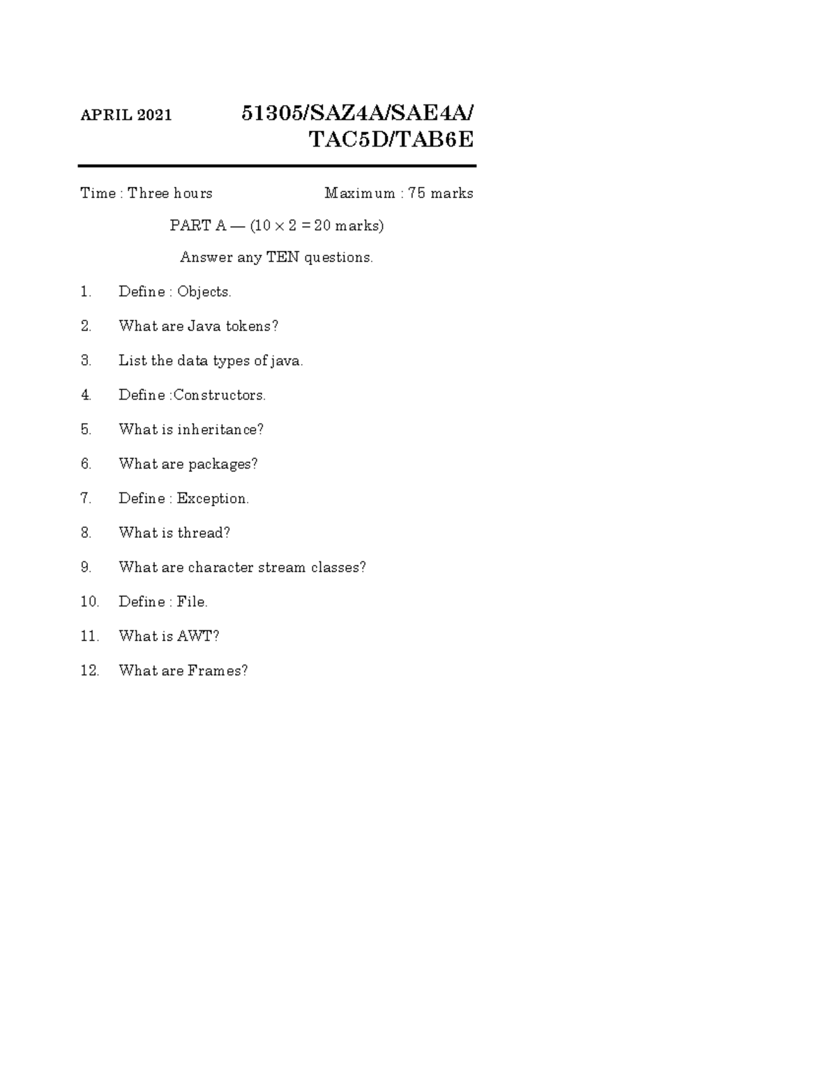 51305 SAZ4A JAVA - university question paper - APRIL 2021 51305/SAZ4A ...