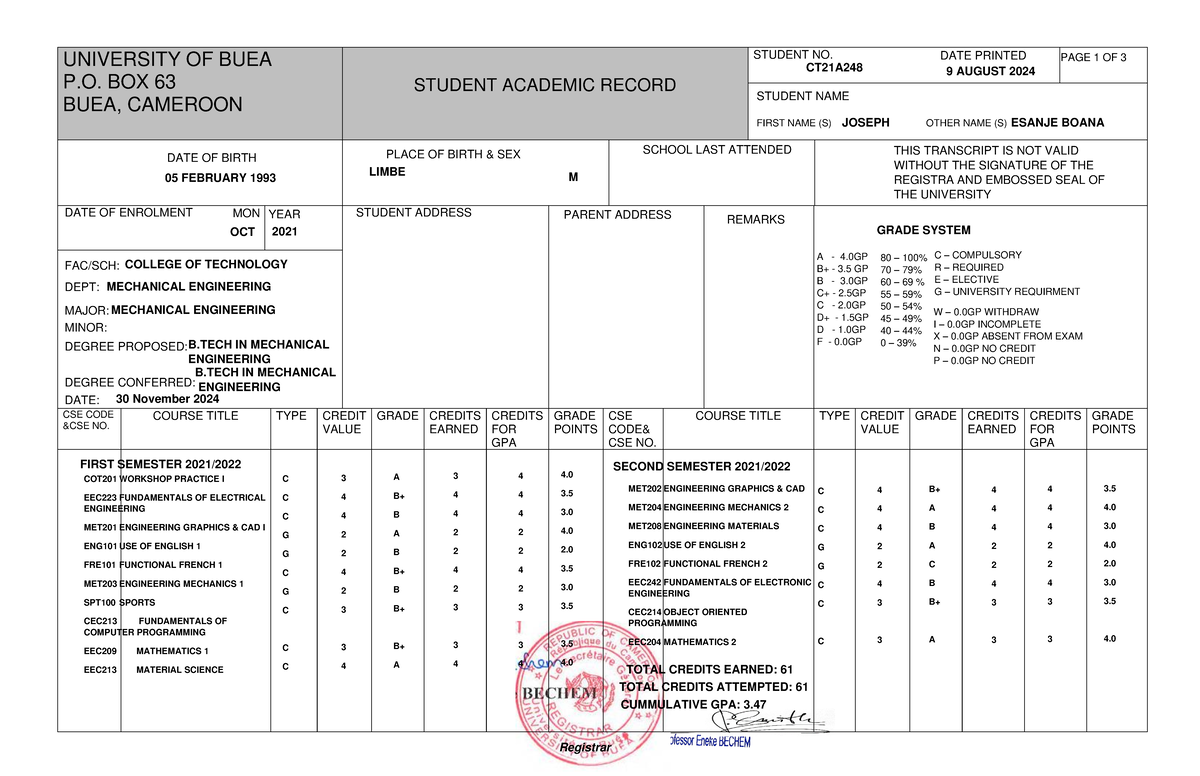 University of buea transcript Esanje - UNIVERSITY OF BUEA P. BOX 63 ...